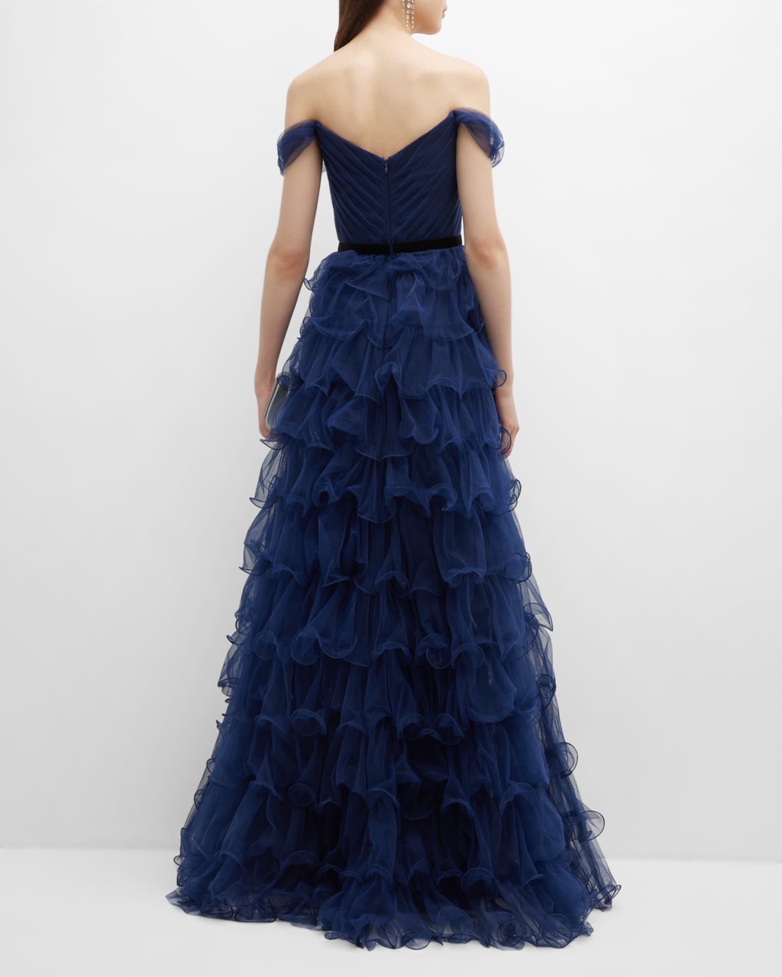 Marchesa Notte Off-Shoulder Pleated Ruffle Tulle Gown | Neiman Marcus