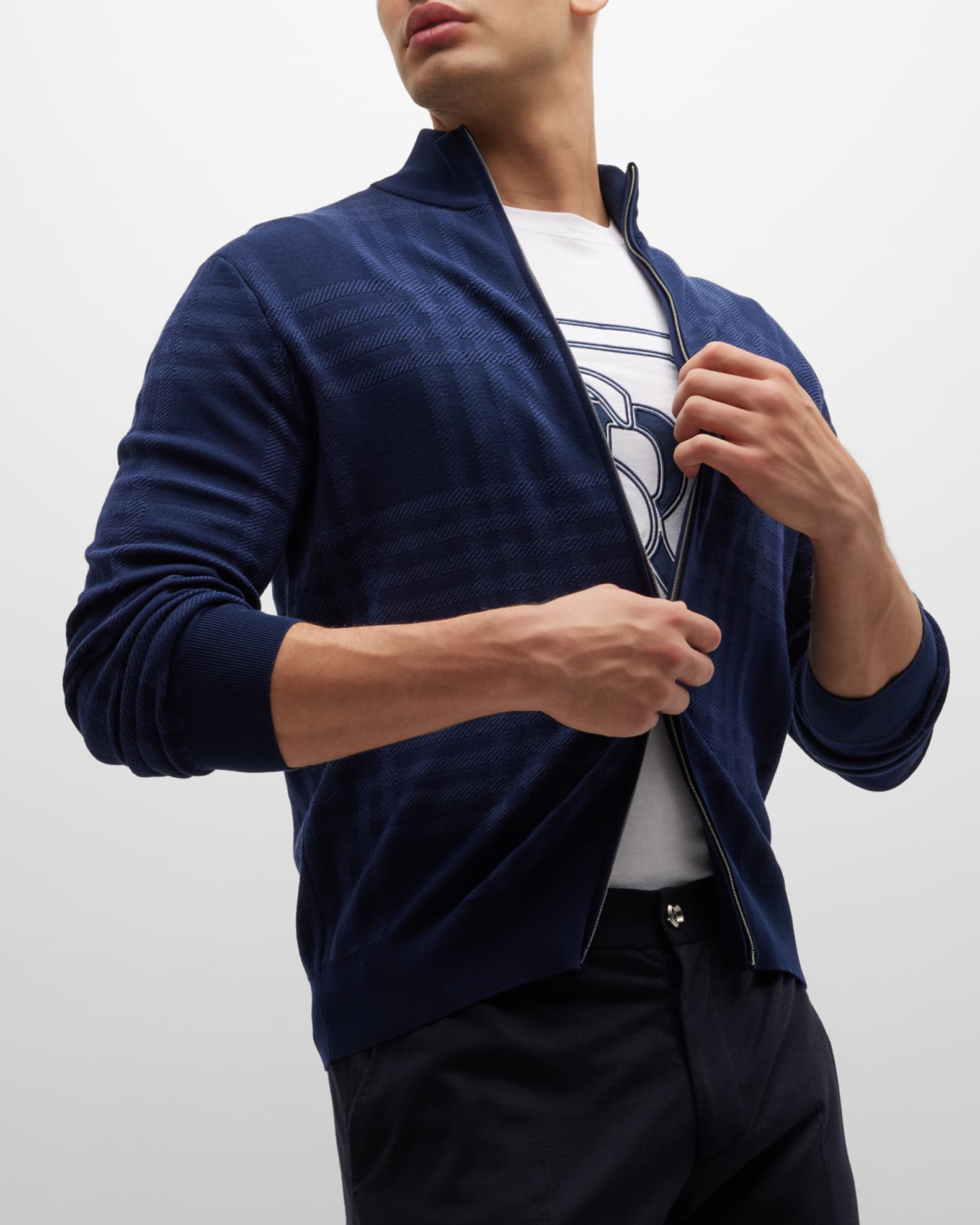 Stefano Ricci Men's Cotton-Silk Plaid Full-Zip Sweater | Neiman Marcus
