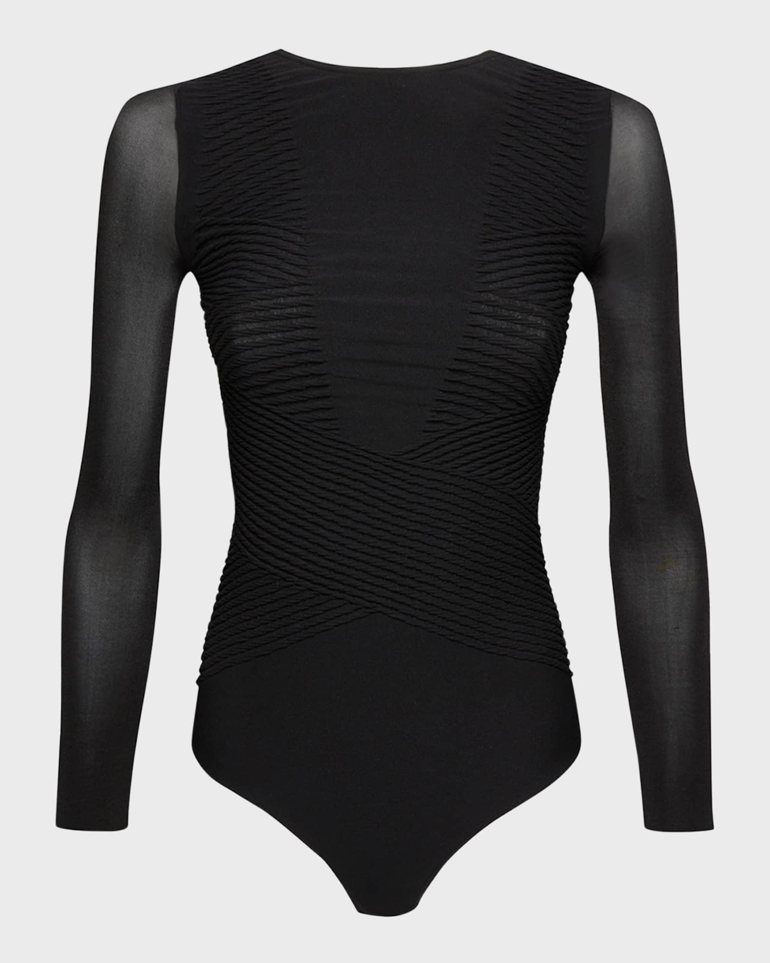 Wolford Pleated Shaping Sheer-Sleeve Bodysuit | Neiman Marcus