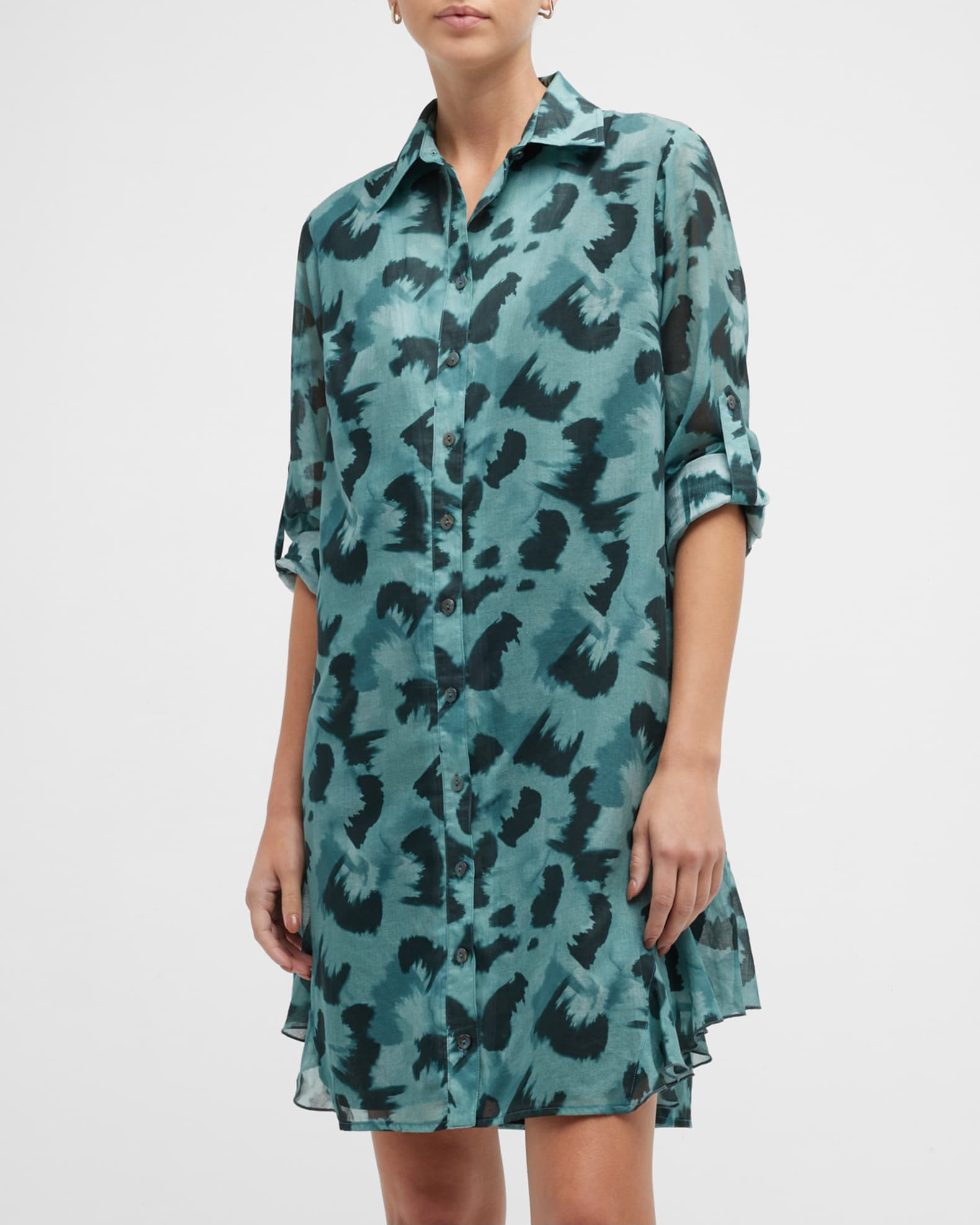 Finley Agatha Brushstroke-Print Ruffle Shirtdress | Neiman Marcus