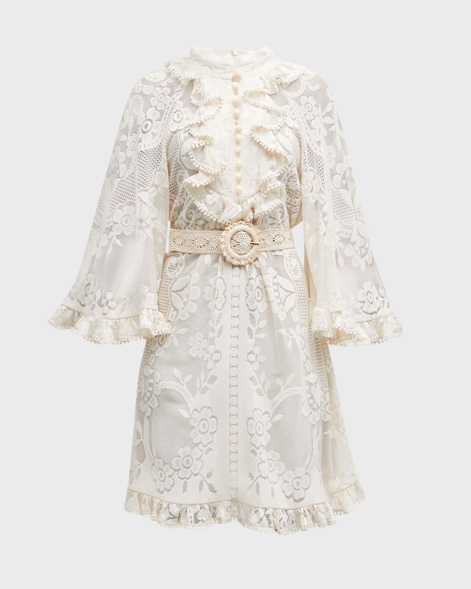 Zimmermann Tiggy Belted Lace Ruffle Mini Dress | Neiman Marcus