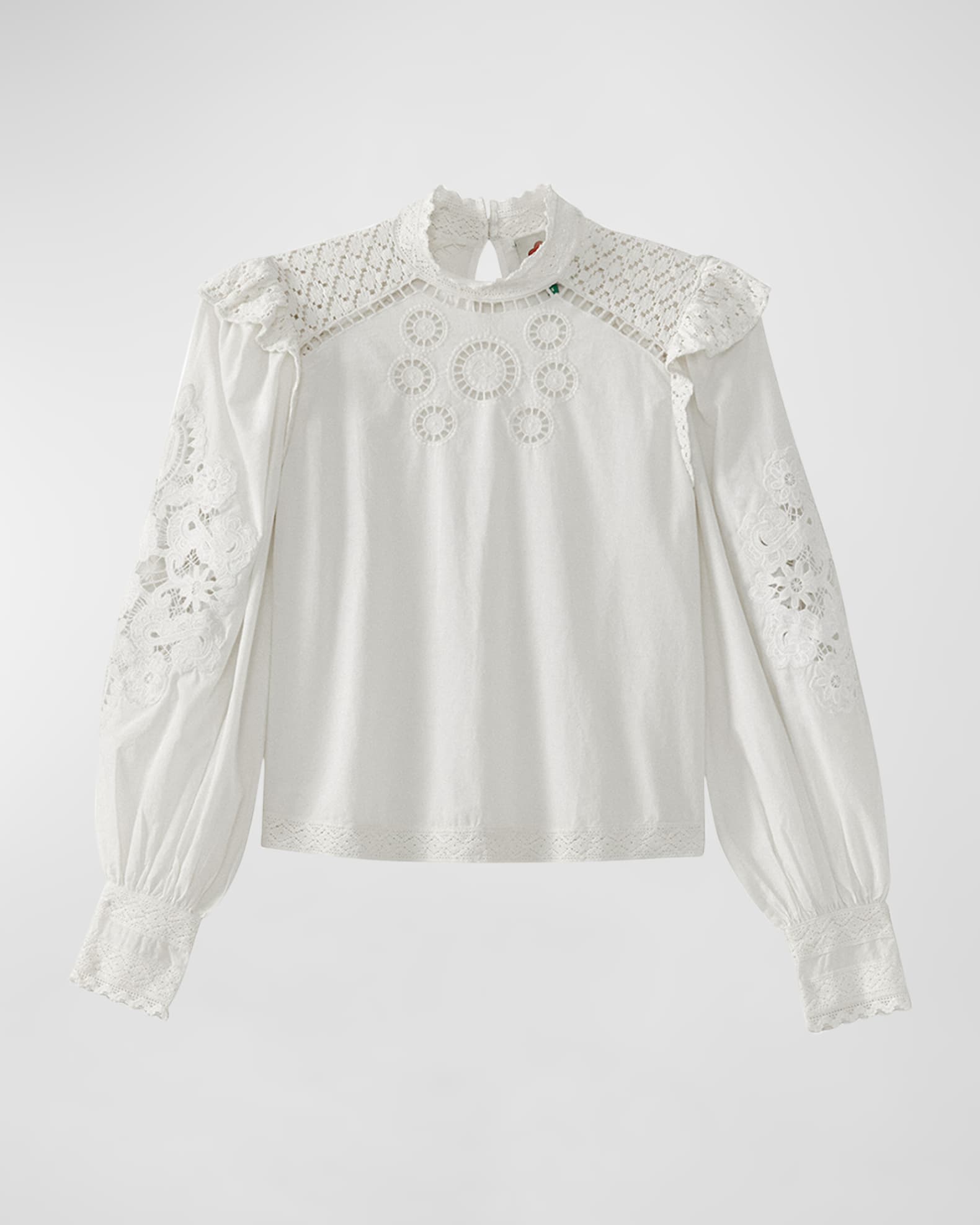 Farm Rio Cutwork Lace Bishop-Sleeve Blouse | Neiman Marcus