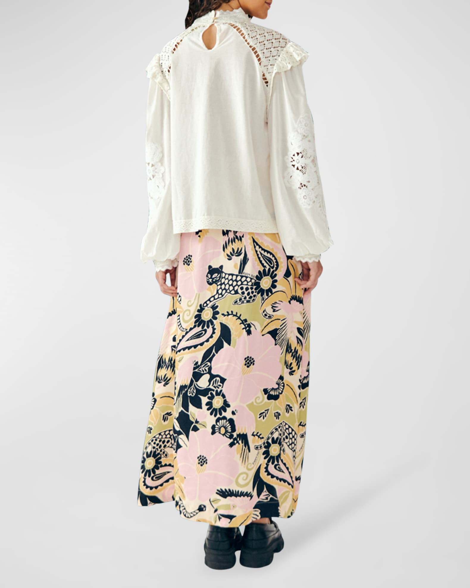 Farm Rio Cutwork Lace Bishop-Sleeve Blouse | Neiman Marcus