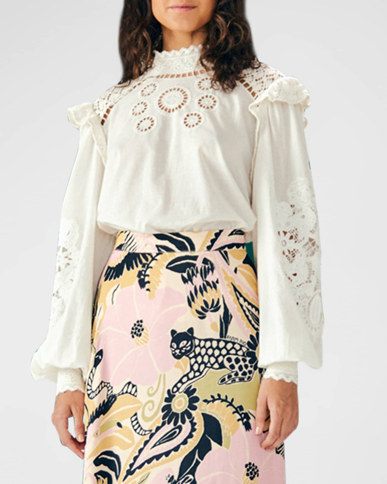 Farm Rio Cutwork Lace Bishop-Sleeve Blouse | Neiman Marcus