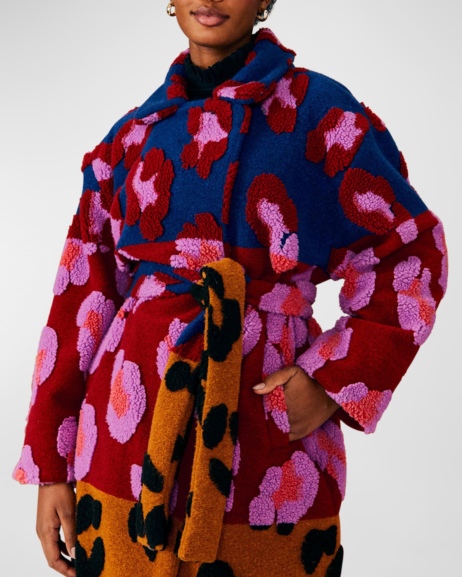 Farm Rio Mixed Leopards Tie-Belt Multicolor Fleece Coat | Neiman Marcus