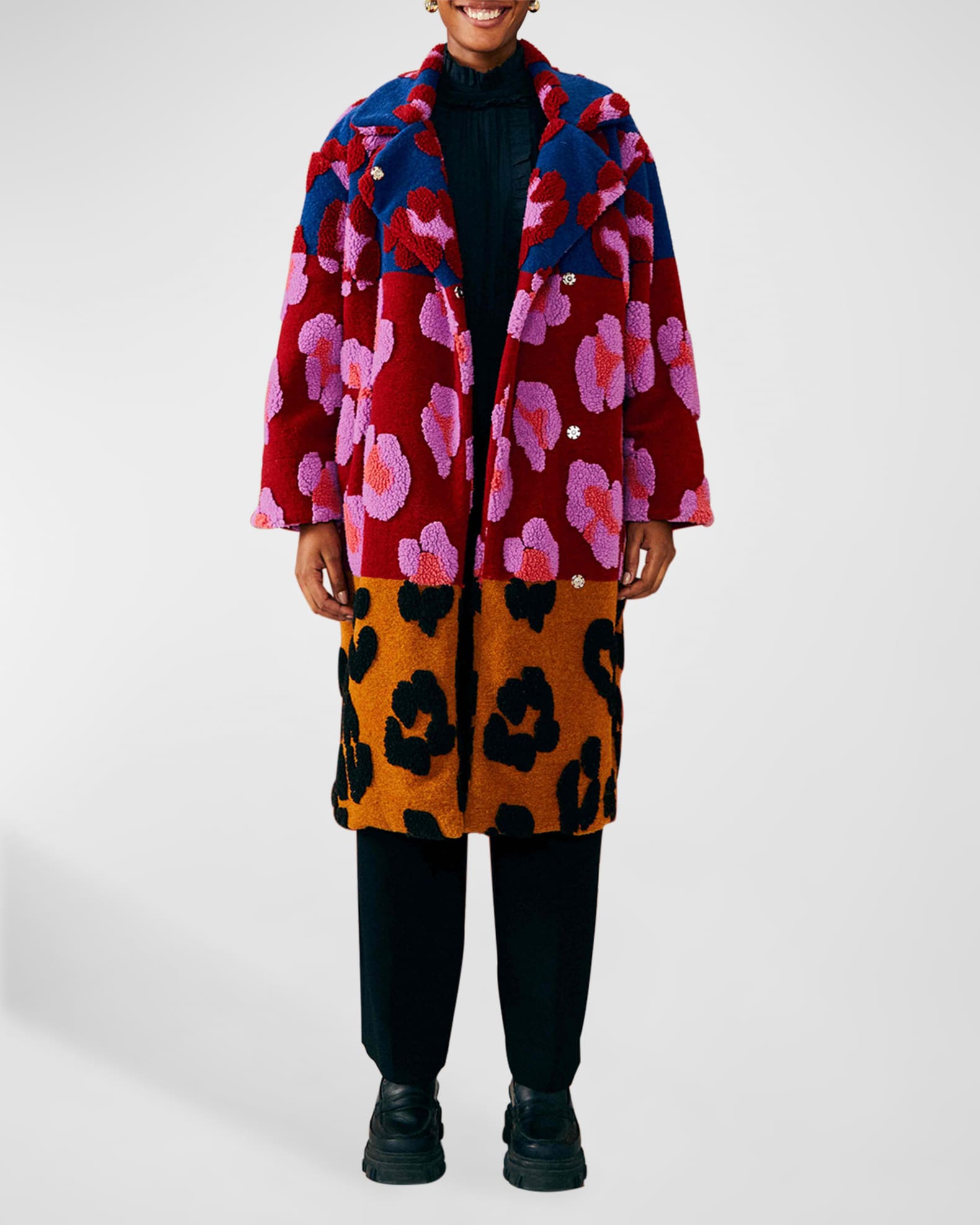 Farm Rio Mixed Leopards Tie-Belt Multicolor Fleece Coat | Neiman Marcus