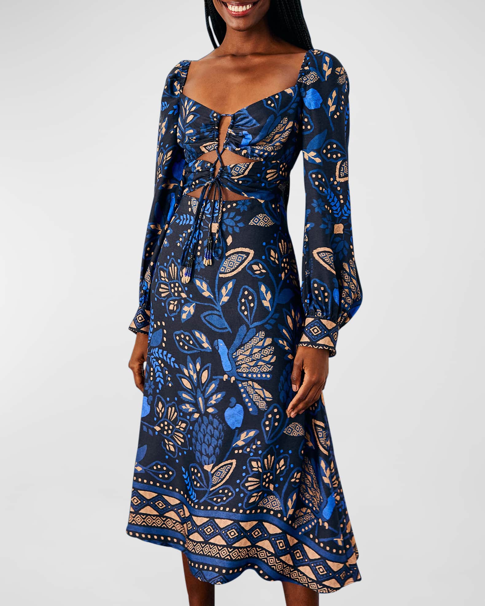 Farm Rio Macaw Forest Printed Cutout Midi Dress | Neiman Marcus
