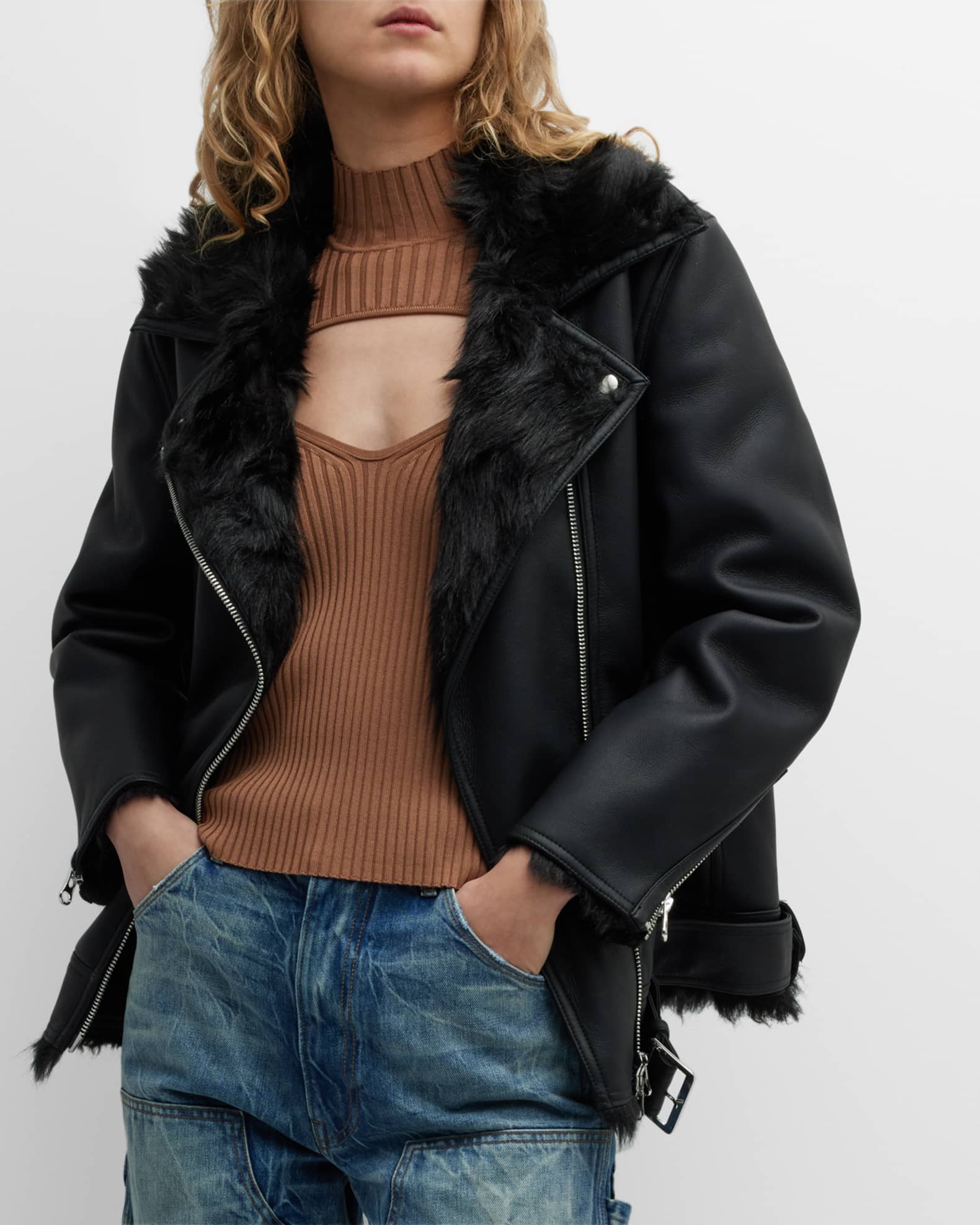 Stand Studio Carrie Faux Shearling Biker Jacket | Neiman Marcus