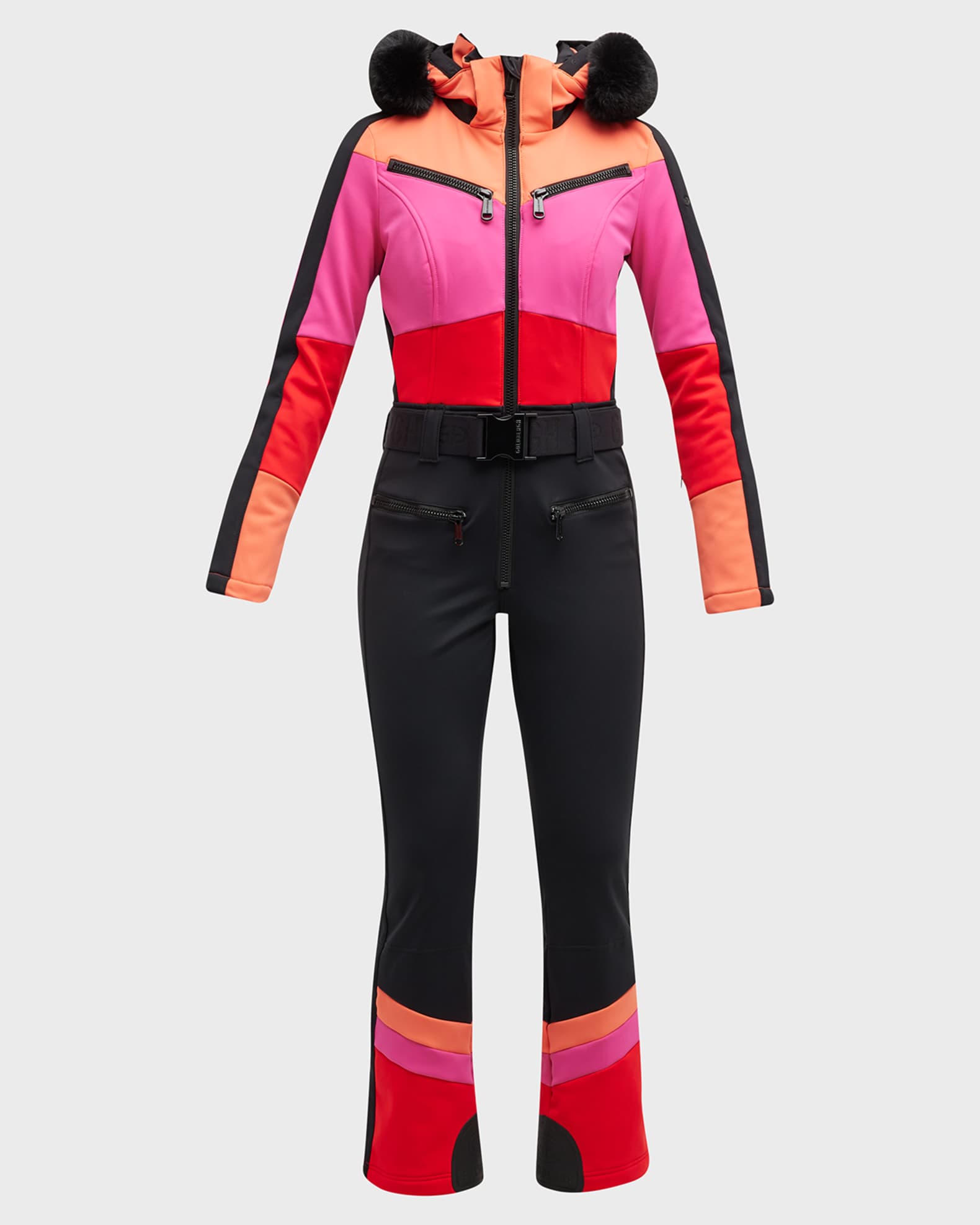 Goldbergh Pearl Colorblock Ski Suit with Faux Fur Ruff | Neiman Marcus