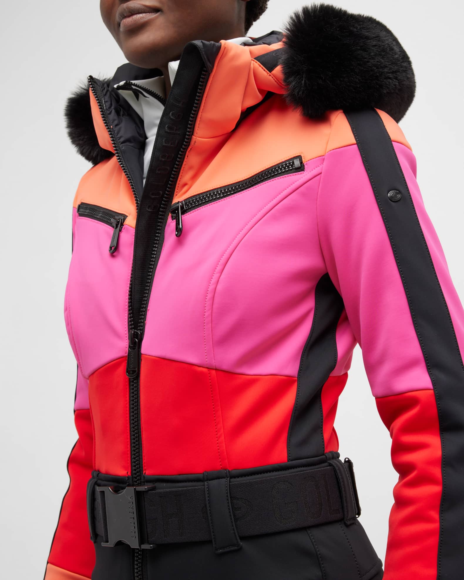 Goldbergh Pearl Colorblock Ski Suit with Faux Fur Ruff | Neiman Marcus