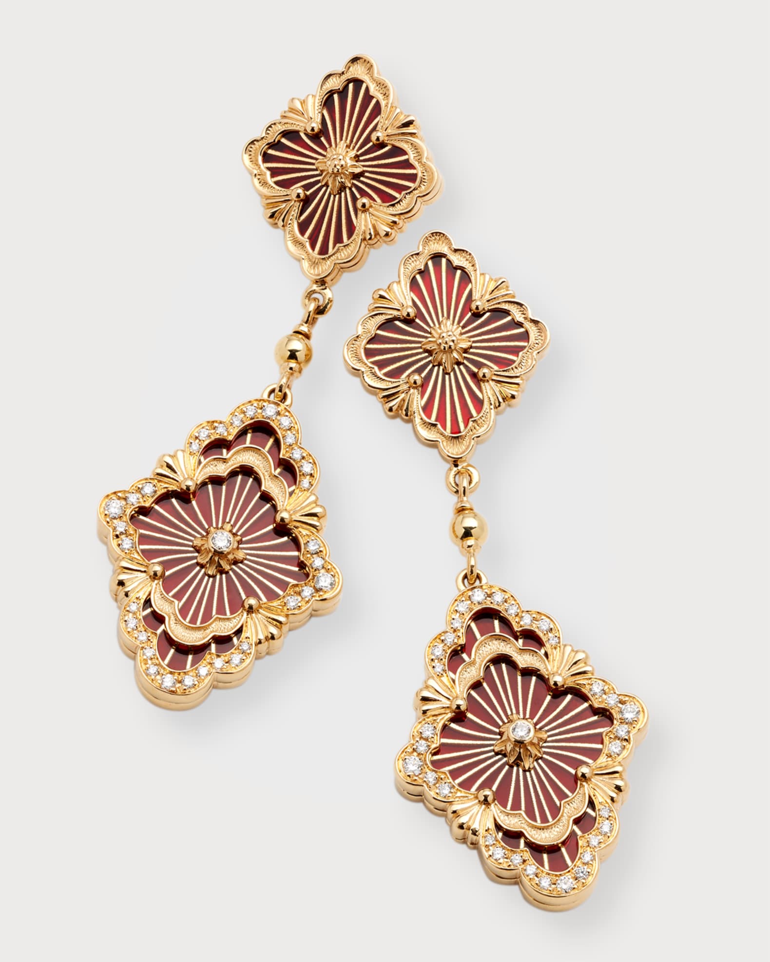 Buccellati Opera Tulle 18K Gold Red Enamel Diamond Earrings | Neiman Marcus