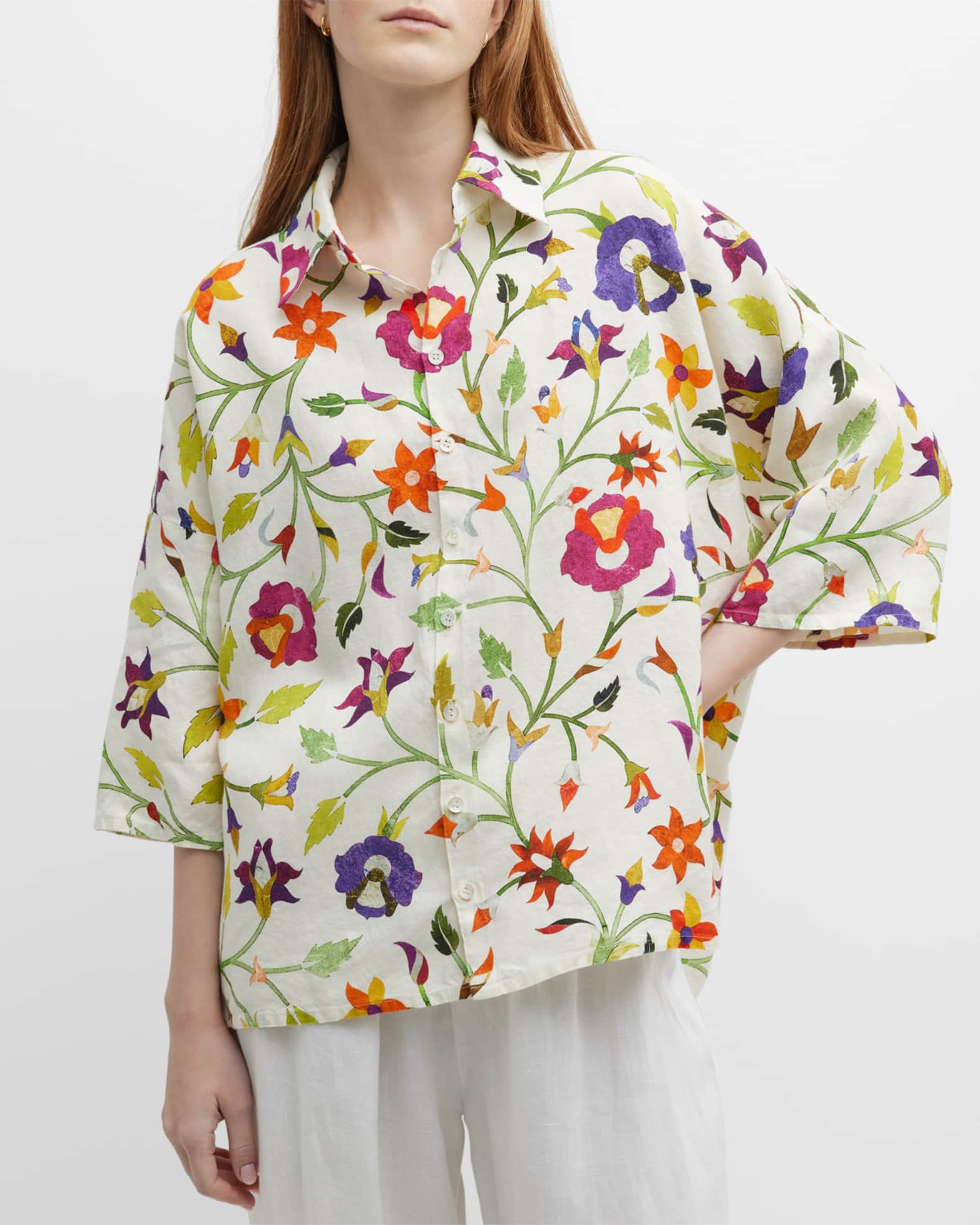 Eskandar Floral-Print Button-Front Shirt with Sloped Shoulders | Neiman ...