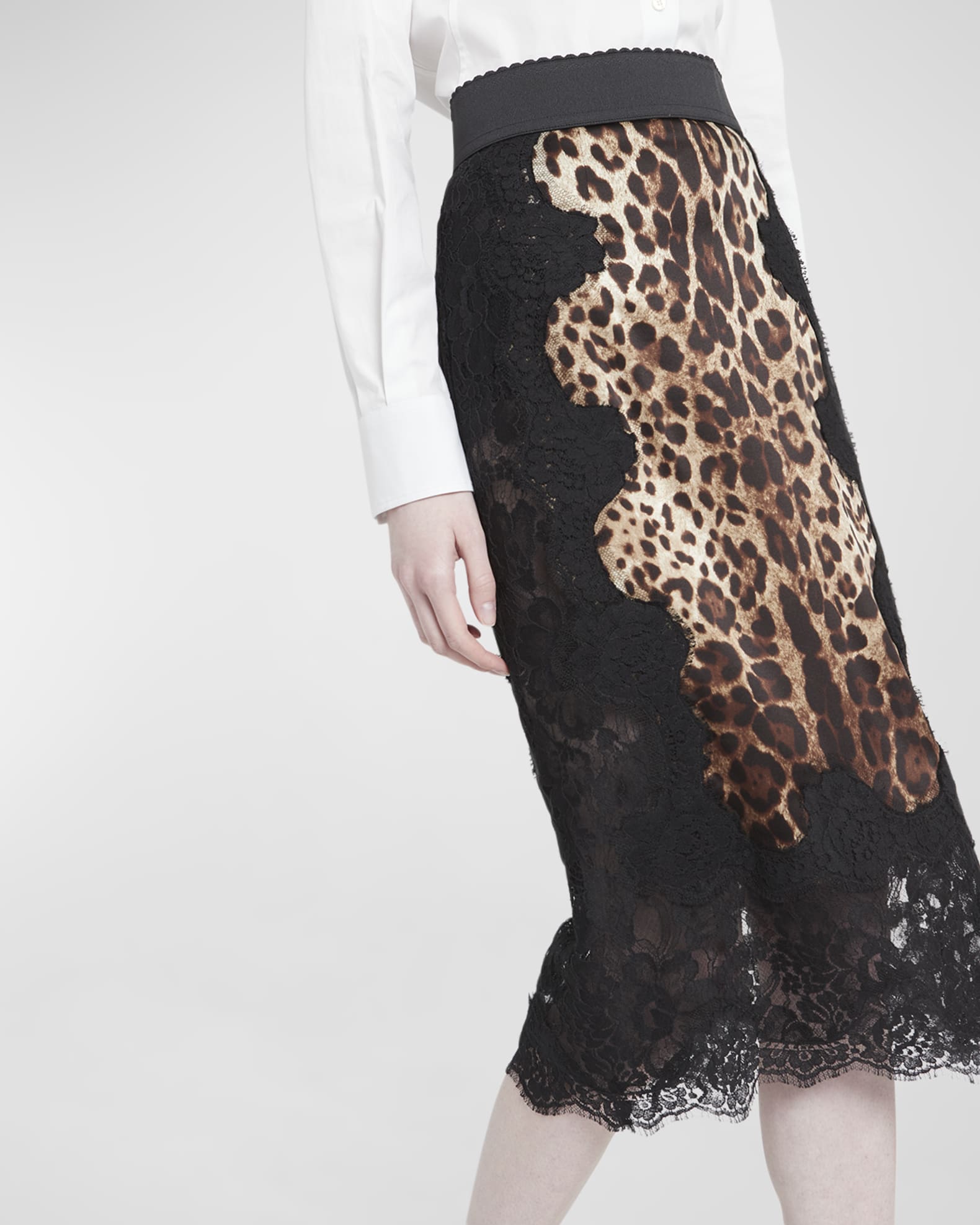Dolce&Gabbana Leopard-Print Insert Lace Midi Skirt | Neiman Marcus