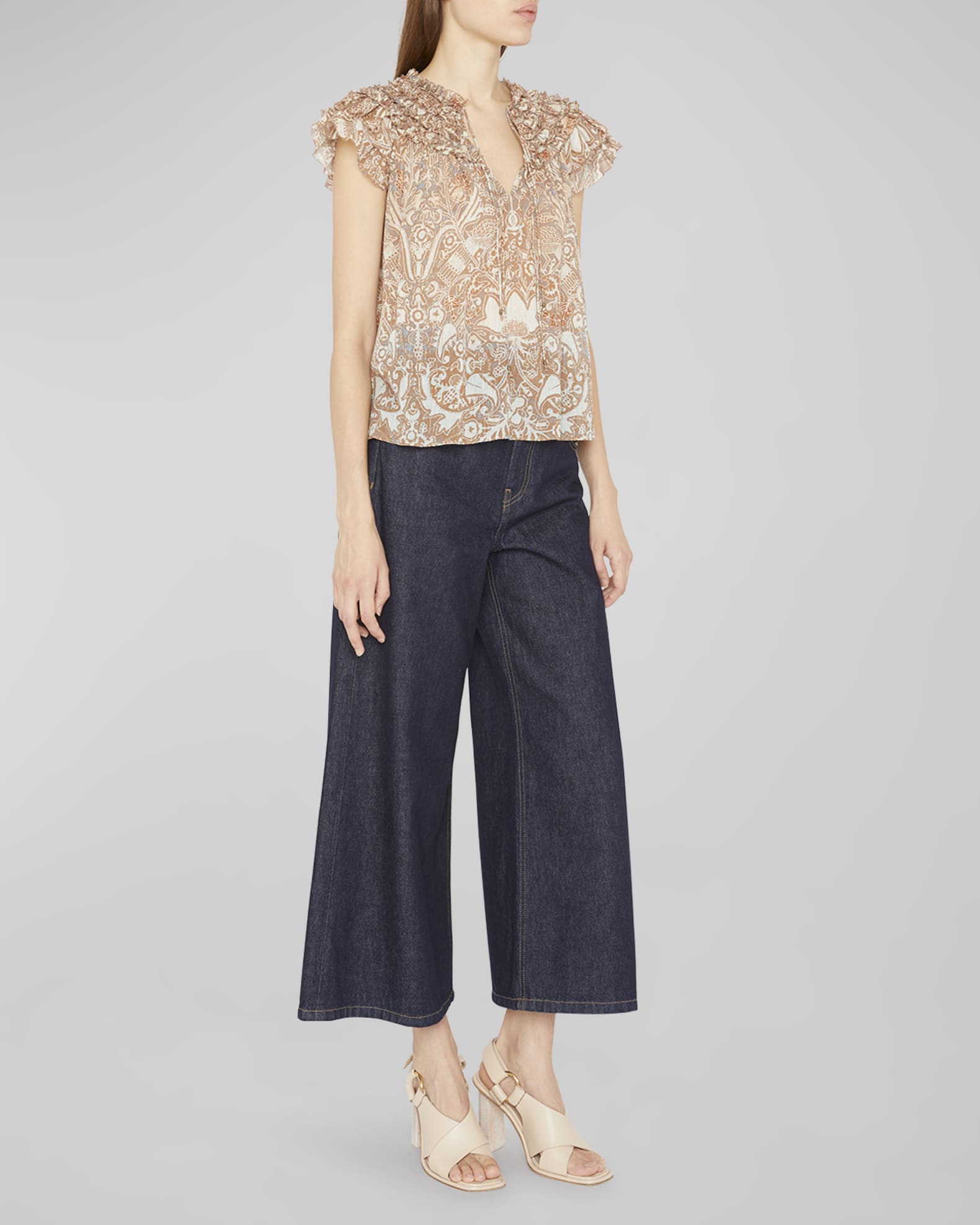 Ulla Johnson Signe Split-Neck Flutter-Sleeve Top | Neiman Marcus