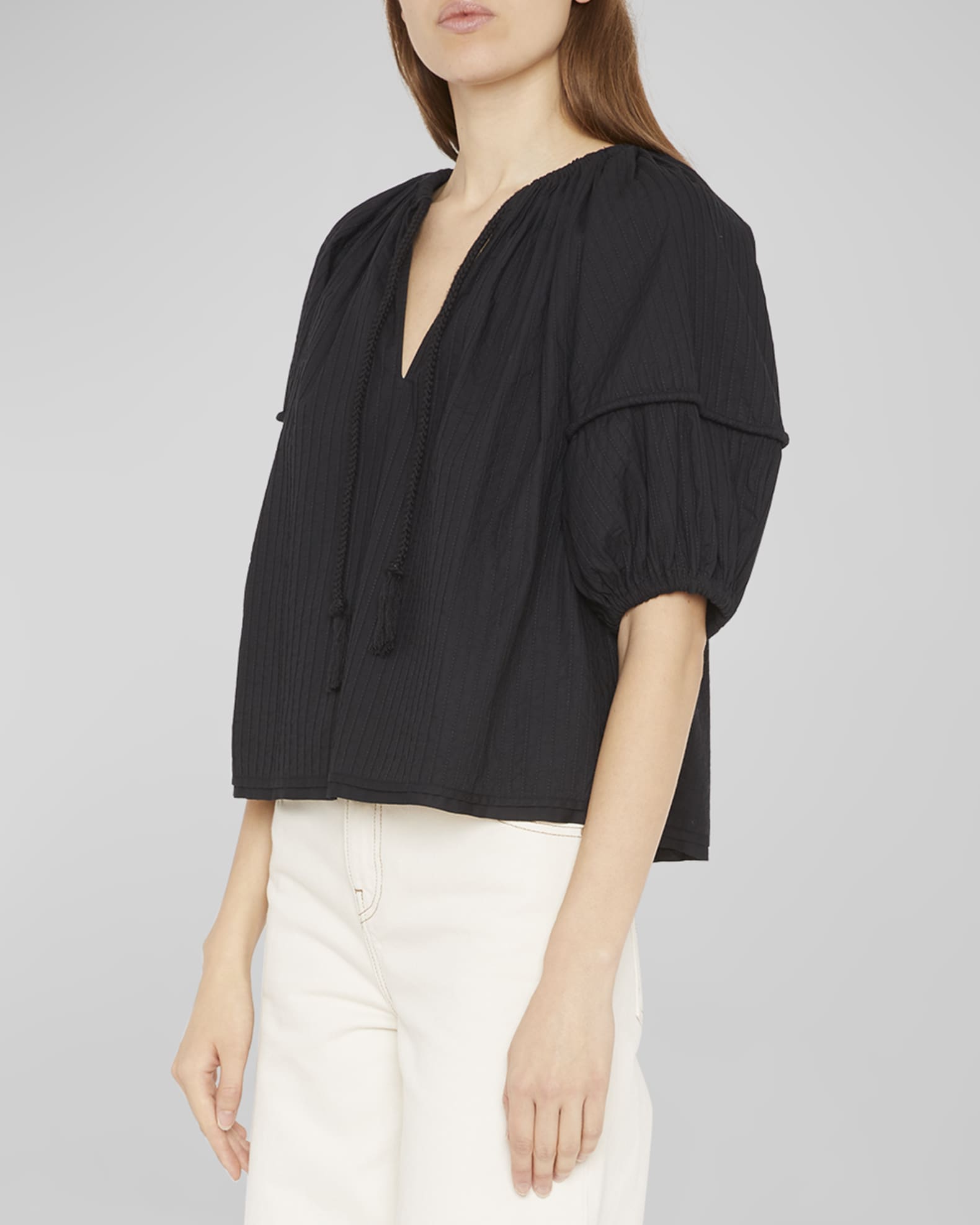 Ulla Johnson Laurenza Split-Neck Pintuck Top | Neiman Marcus