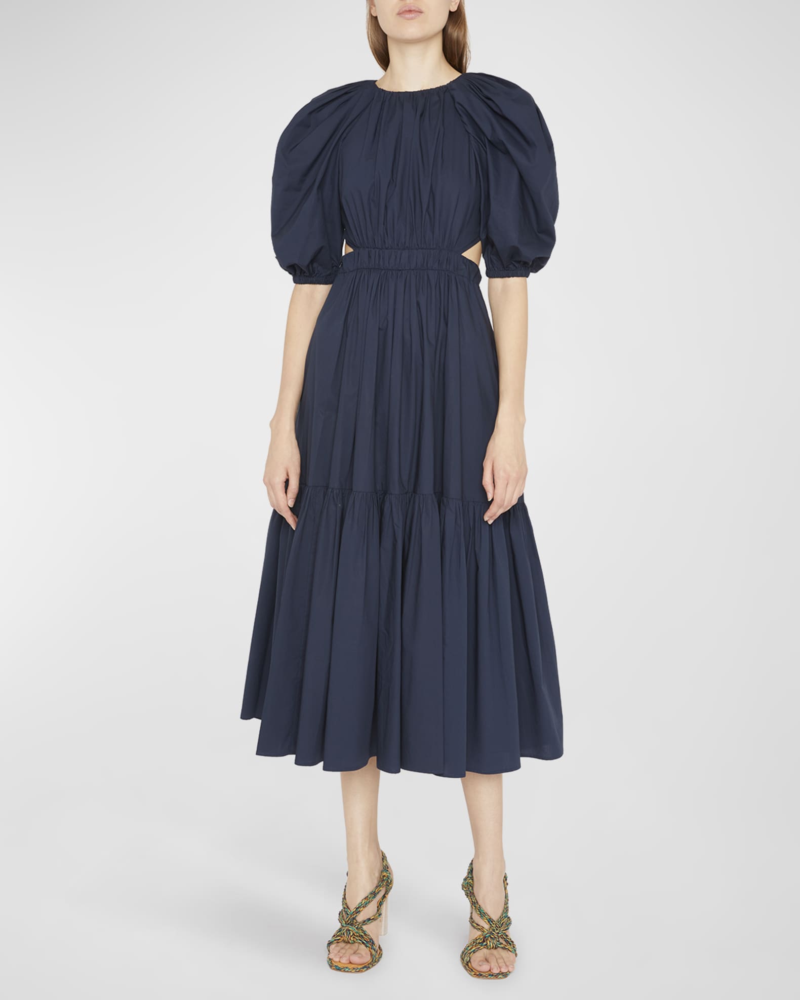 Ulla Johnson Claire Puff-Sleeve Tiered Midi Poplin Dress | Neiman Marcus