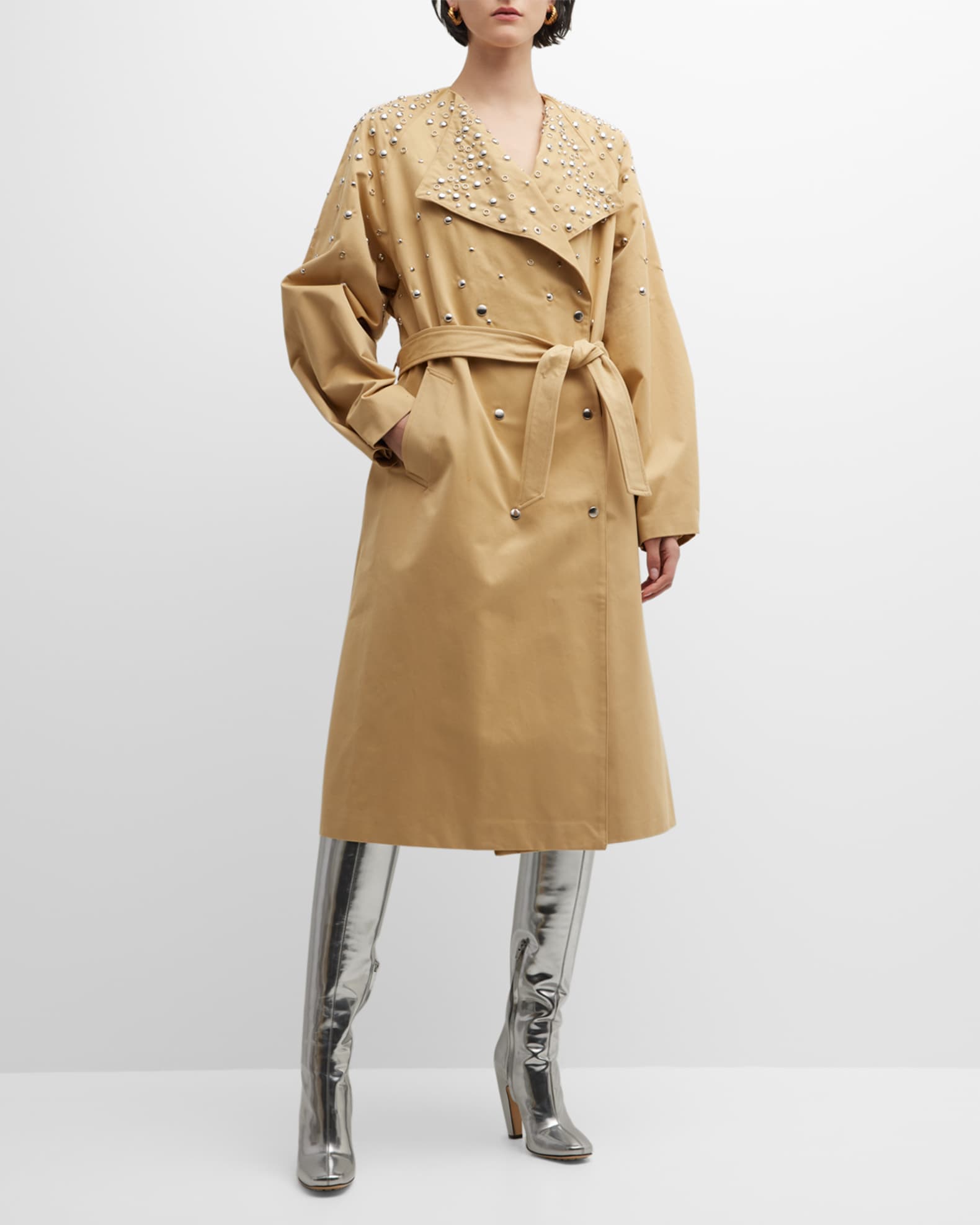 HALFBOY Belted Trench Coat with Studded Details | Neiman Marcus