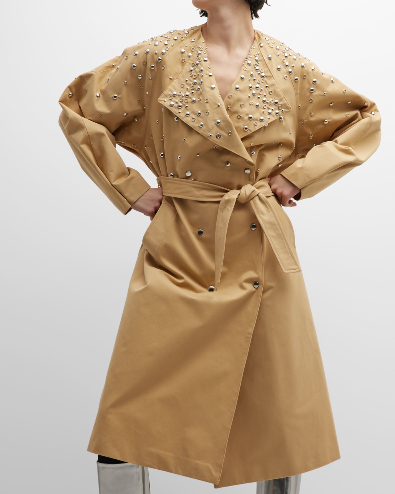 HALFBOY Belted Trench Coat with Studded Details | Neiman Marcus