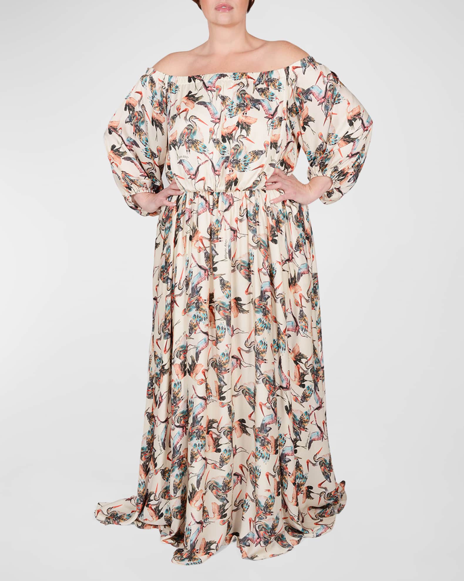 Mayes NYC Plus Size Eddy Off-Shoulder Bird-Print Maxi Dress | Neiman Marcus