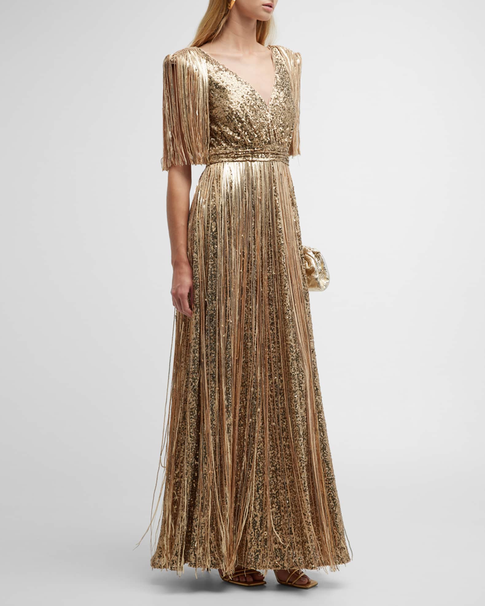 Badgley Mischka Collection V-Neck Sequin Fringe Gown | Neiman Marcus