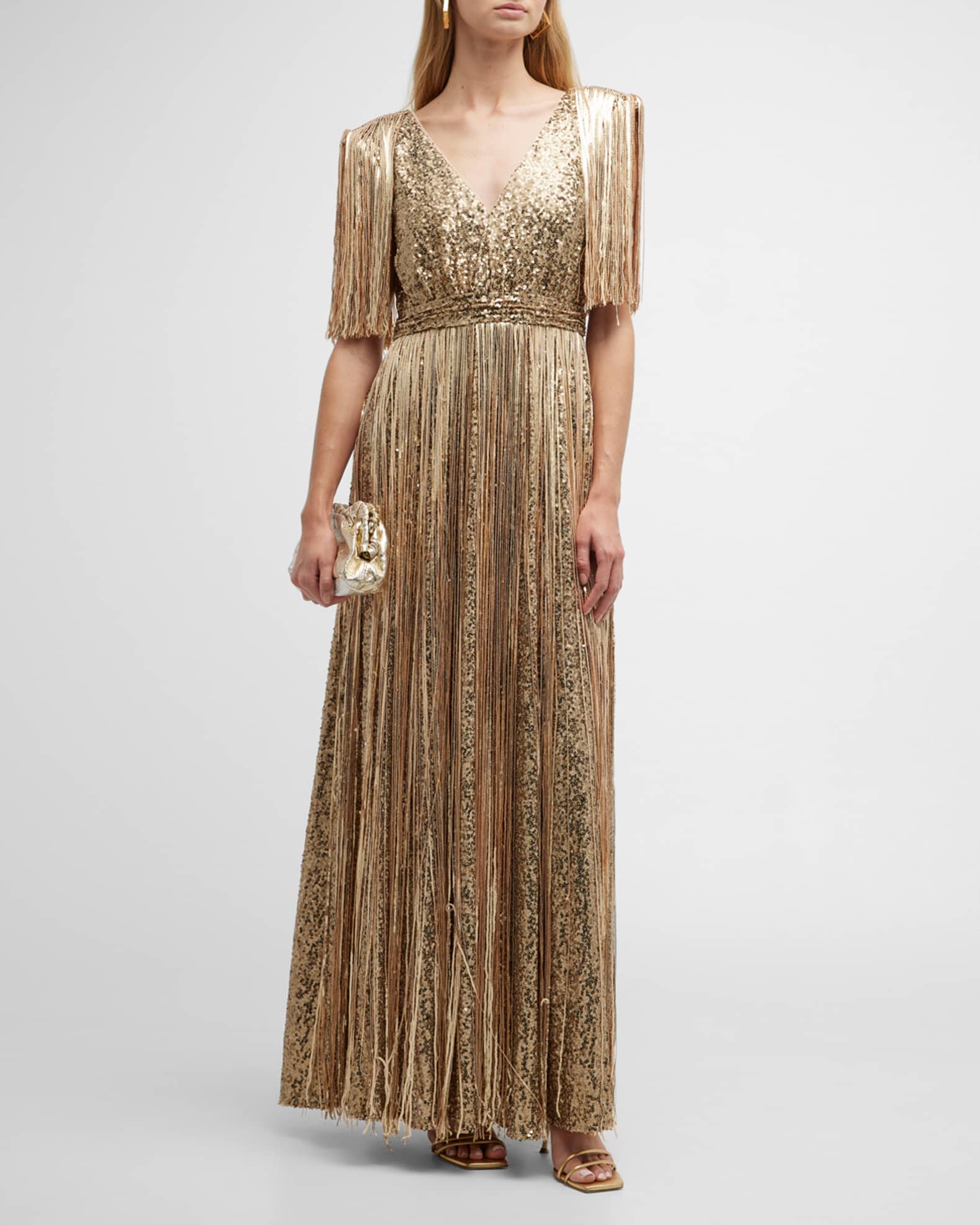 Badgley Mischka Collection V-Neck Sequin Fringe Gown | Neiman Marcus