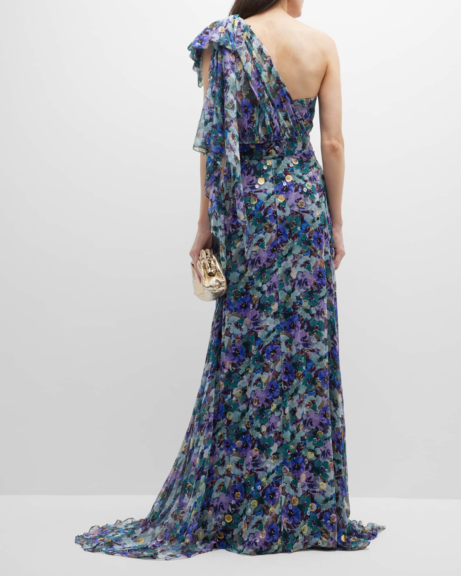 Shoshanna Draped One-Shoulder Floral-Print Gown | Neiman Marcus