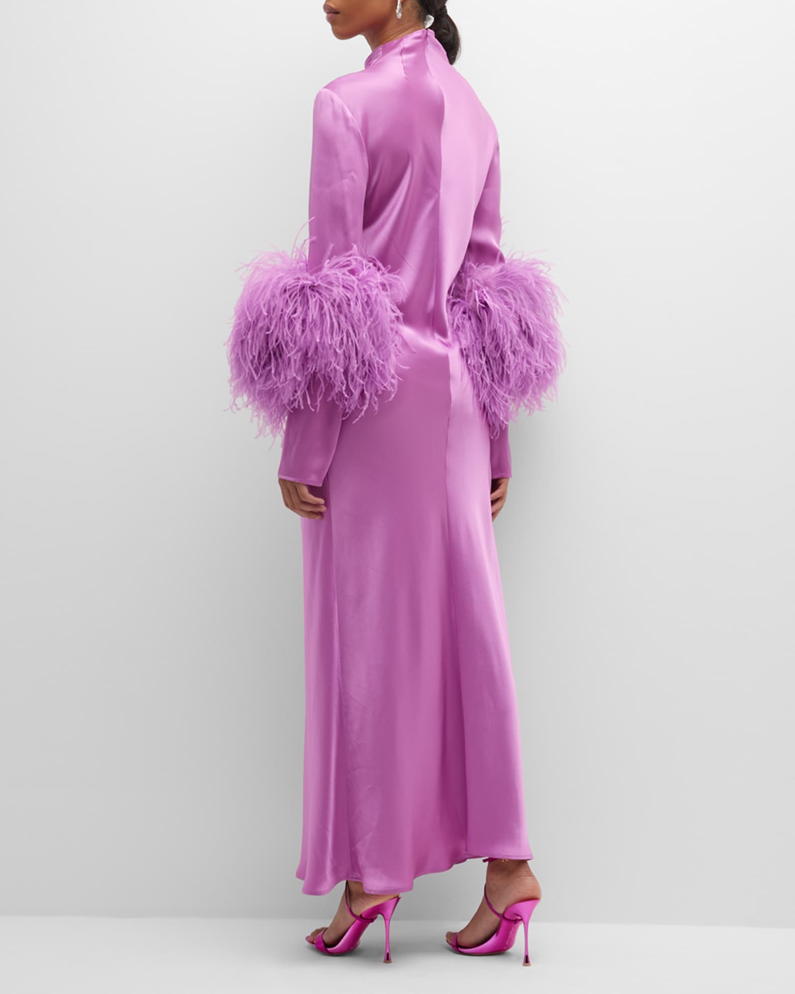 LAPOINTE Feather-Trim Thigh-Slit Satin Midi Dress | Neiman Marcus