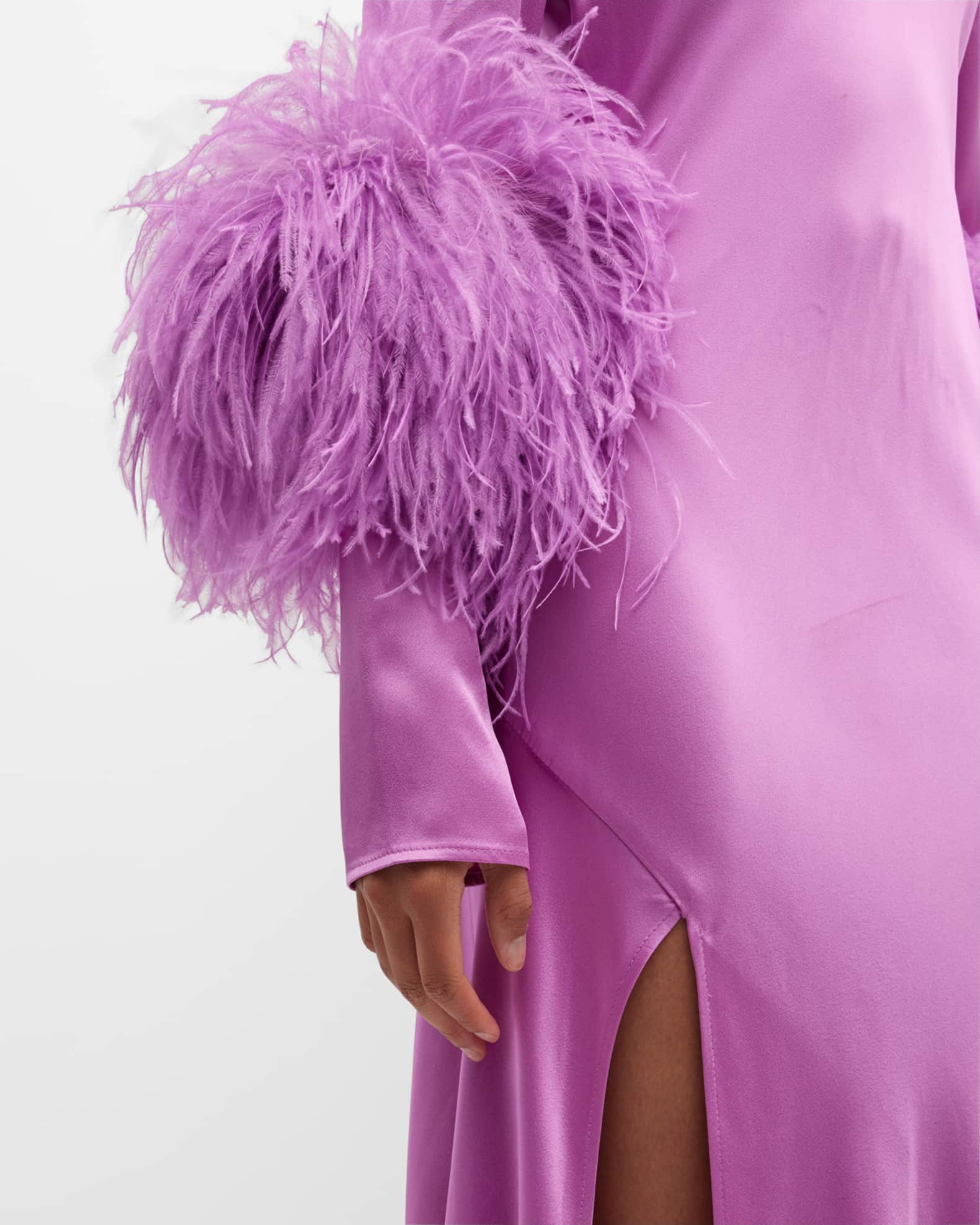 LAPOINTE Feather-Trim Thigh-Slit Satin Midi Dress | Neiman Marcus