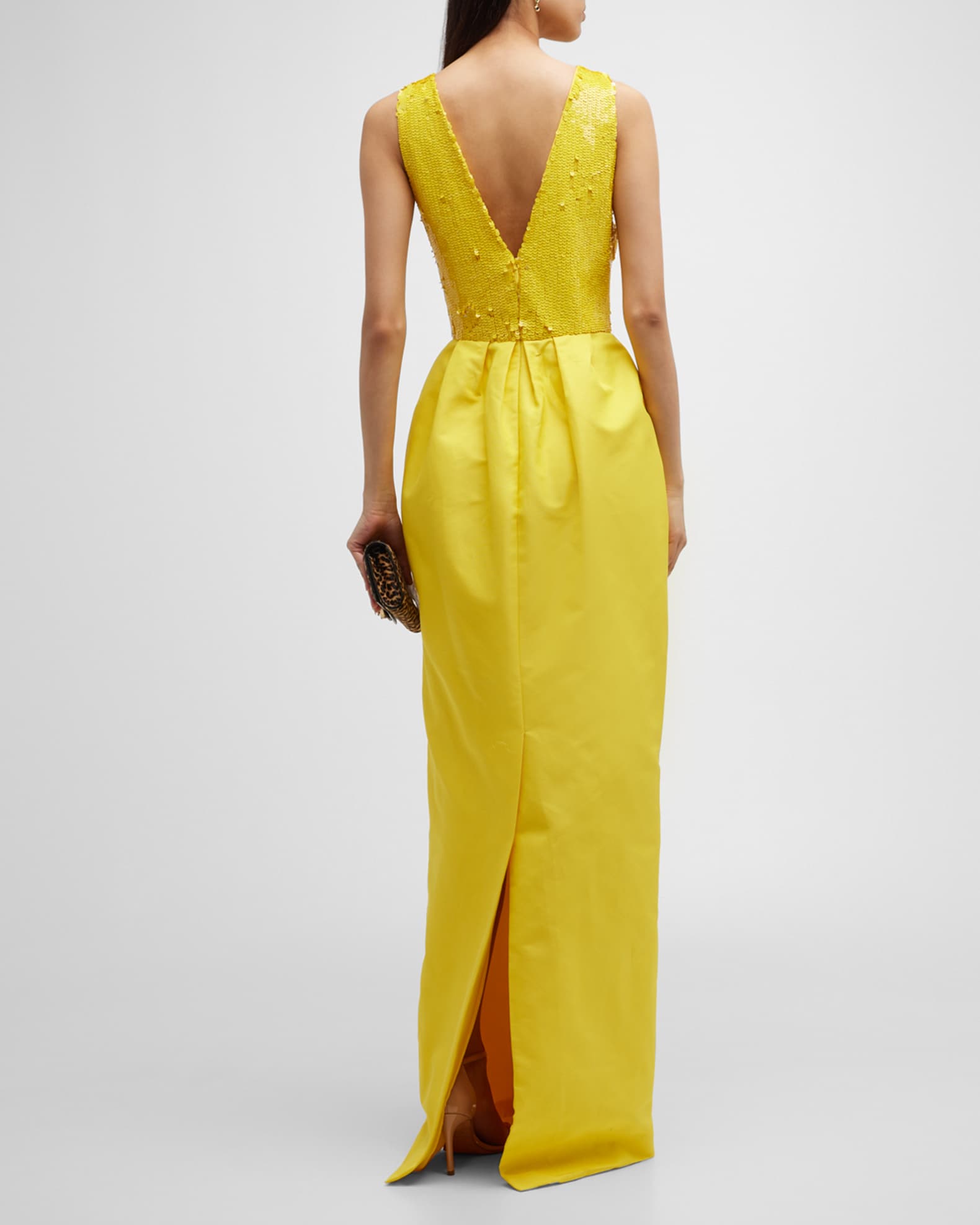 Monique Lhuillier Faille Sequin Deep V-Neck Gown with Bow Detail ...