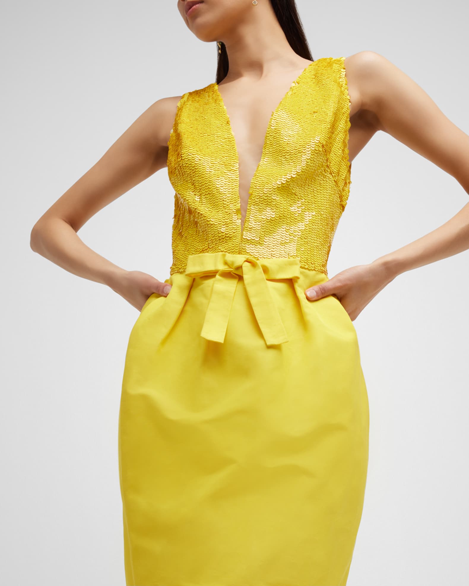 Monique Lhuillier Faille Sequin Deep V-Neck Gown with Bow Detail ...