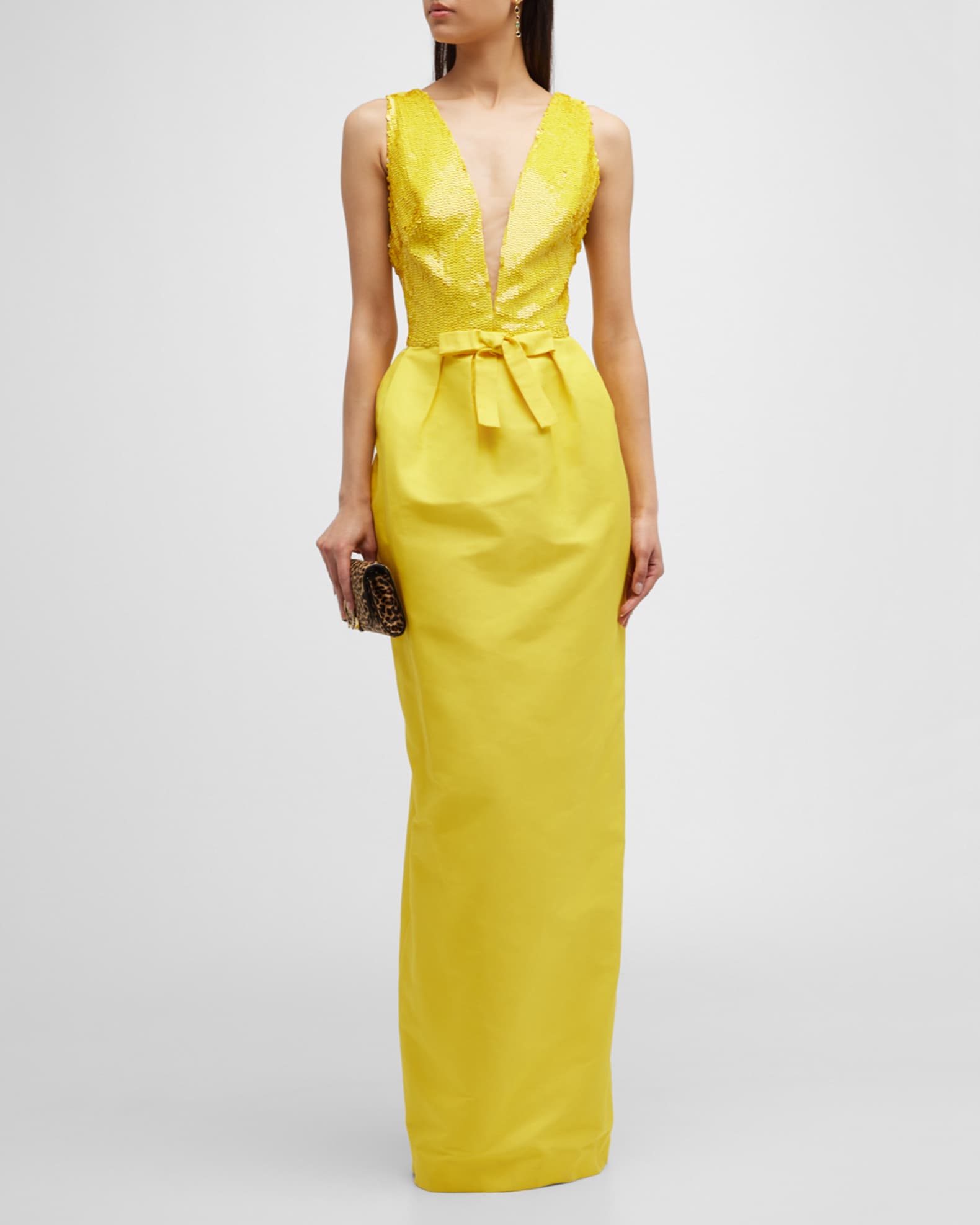 Monique Lhuillier Faille Sequin Deep V-Neck Gown with Bow Detail ...