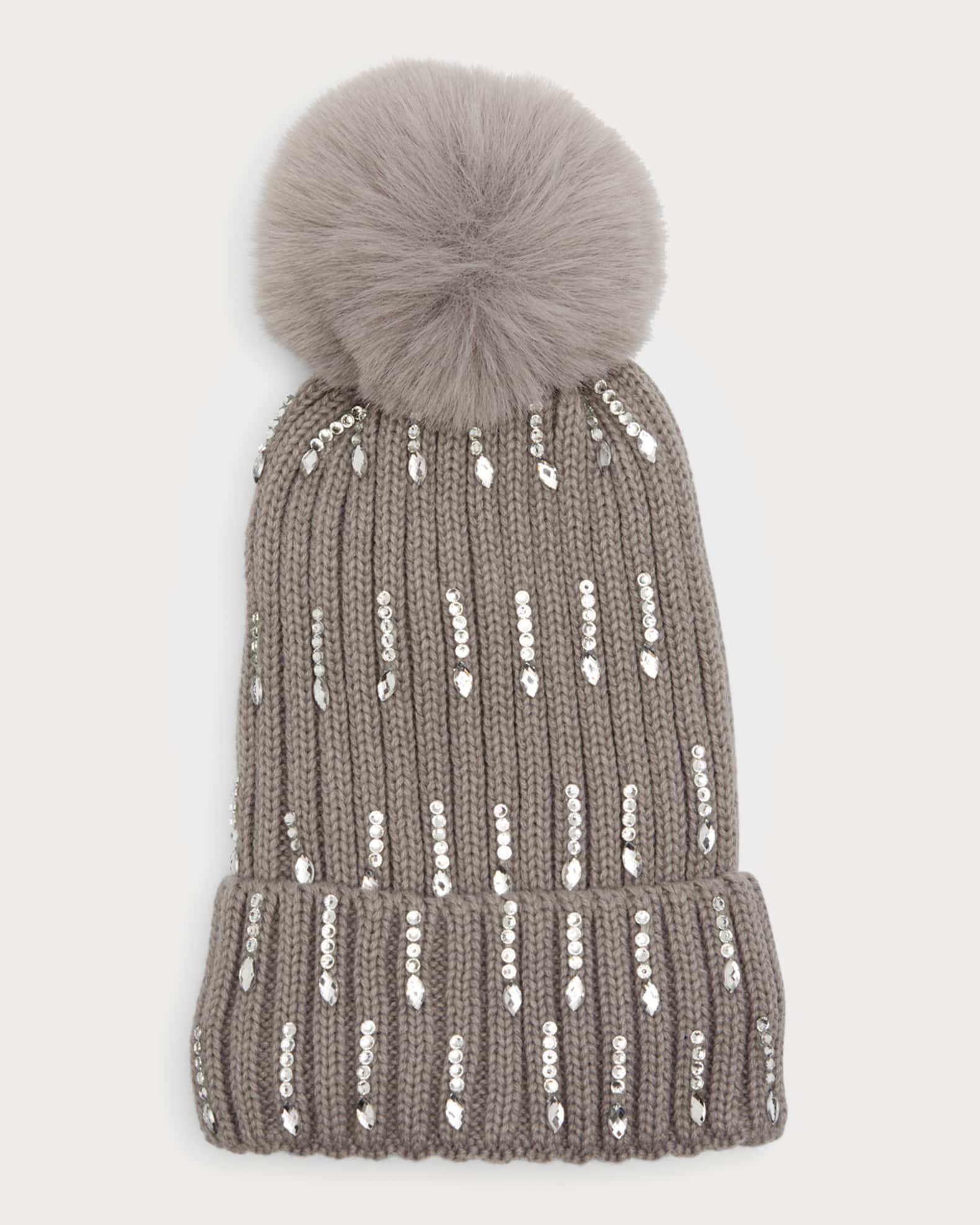 Adrienne Landau Embellished Wool Beanie W/ Faux Fur Pom | Neiman Marcus