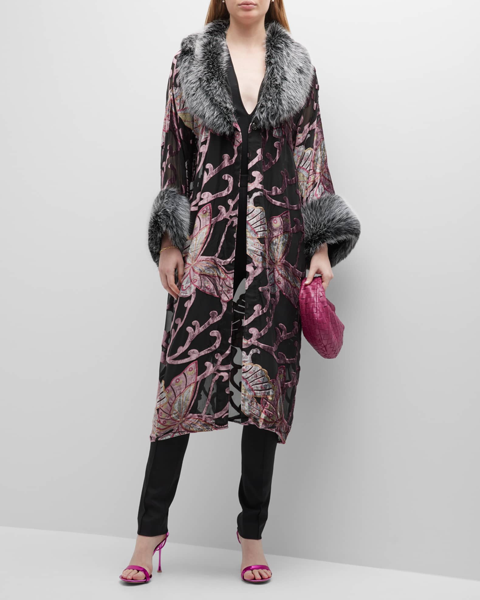 Adrienne Landau Burnout Velvet Coat W/ Faux Fur Trim | Neiman Marcus