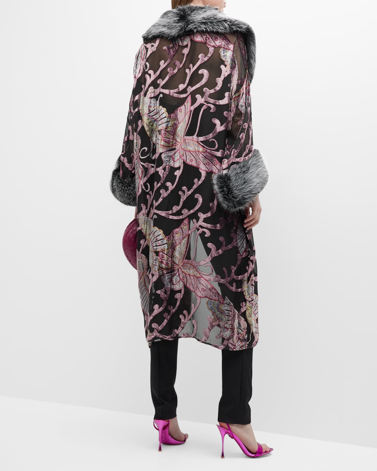 Adrienne Landau Burnout Velvet Coat W/ Faux Fur Trim | Neiman Marcus