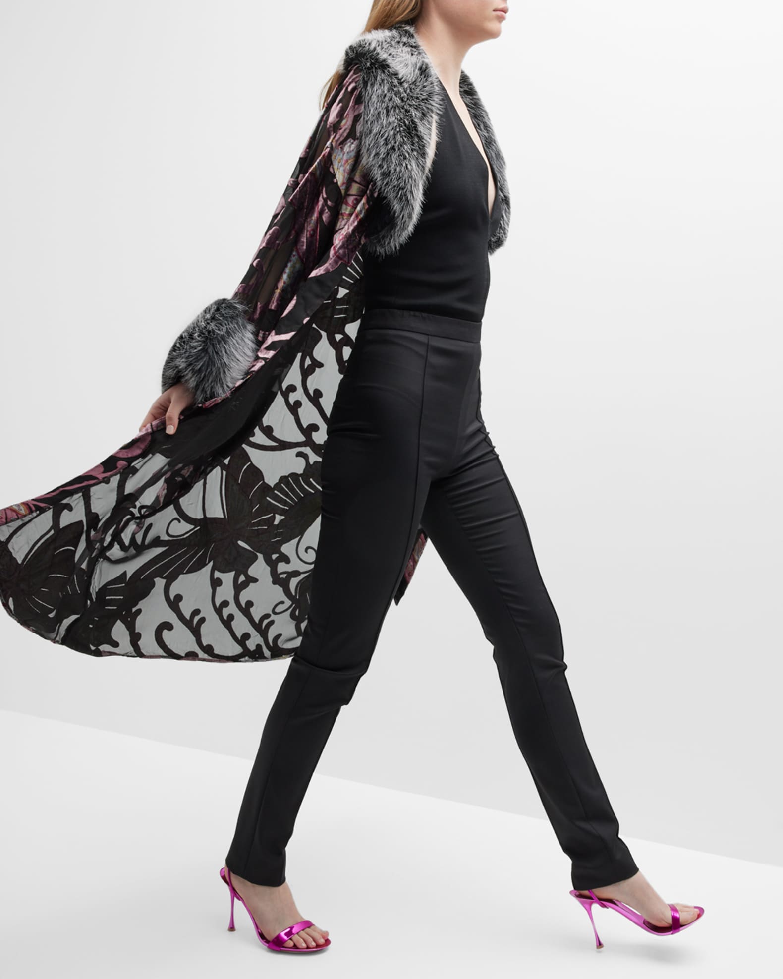 Adrienne Landau Burnout Velvet Coat W/ Faux Fur Trim | Neiman Marcus