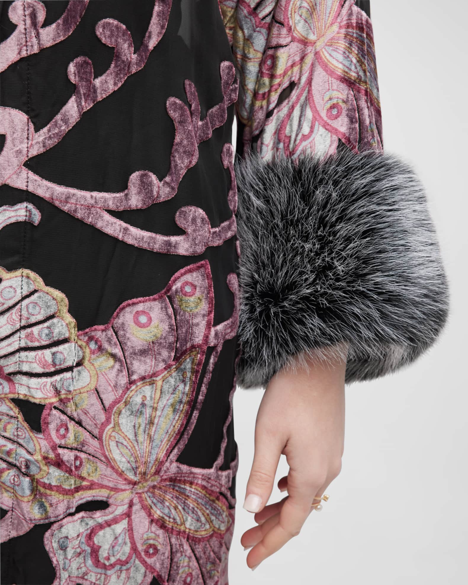 Adrienne Landau Burnout Velvet Coat W/ Faux Fur Trim | Neiman Marcus