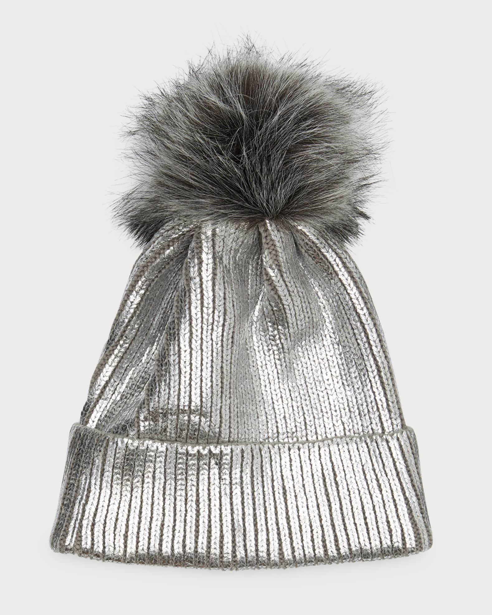 Adrienne Landau Metallic Beanie W/ Faux Fur Pom | Neiman Marcus
