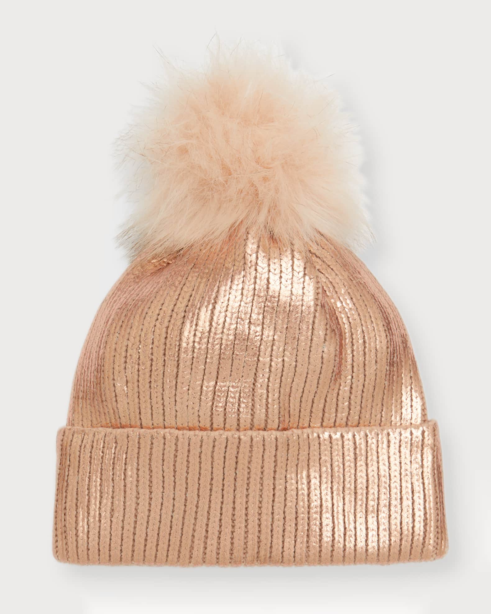 Adrienne Landau Metallic Beanie W/ Faux Fur Pom | Neiman Marcus