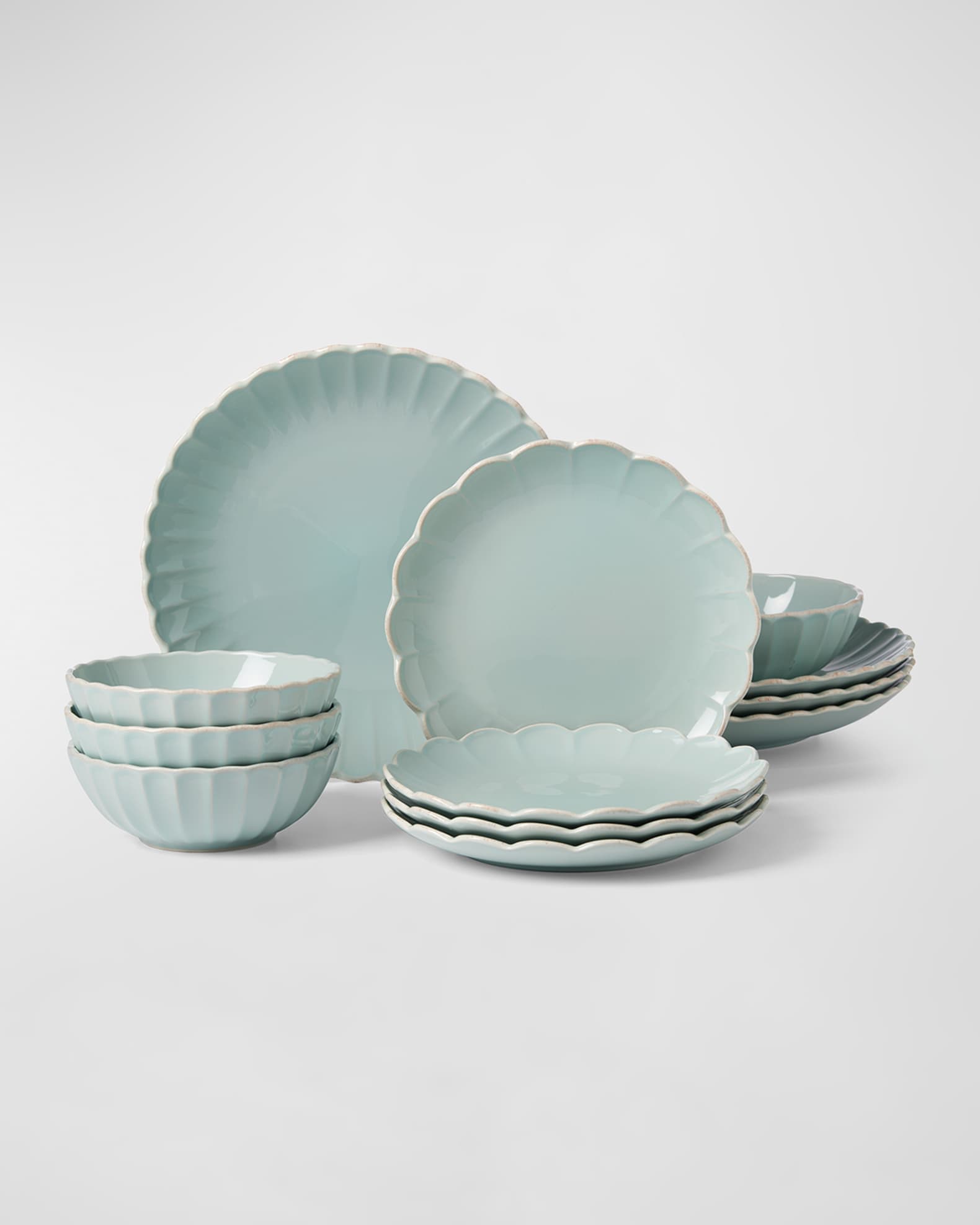 Lenox French Perle Scallop Ice Blue 12-Piece Dinnerware Set | Neiman Marcus