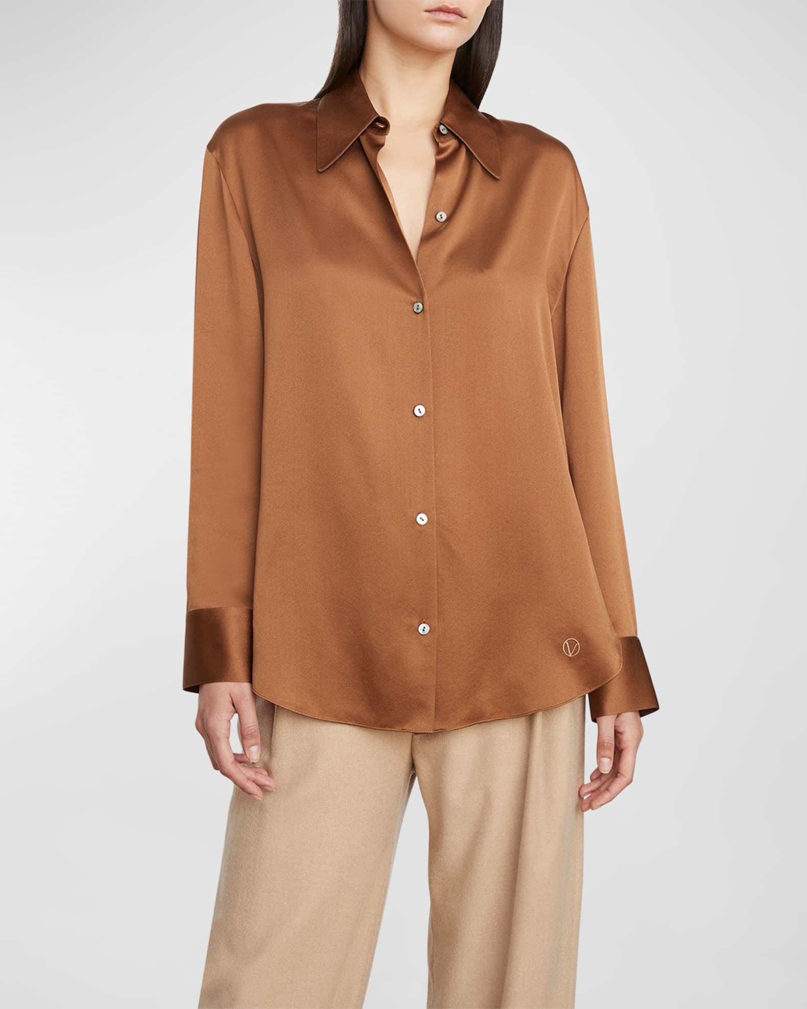 Vince Shaped-Collar Long-Sleeve Silk Blouse | Neiman Marcus