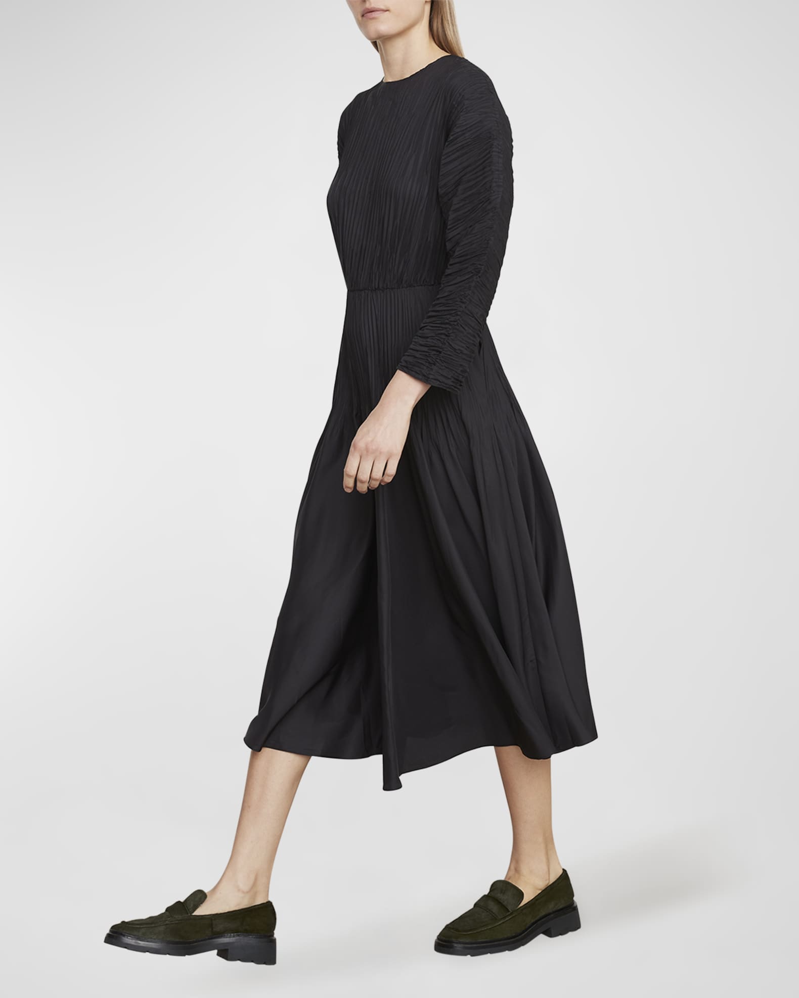 Vince Micro Pleated Boat-Neck Midi Dress | Neiman Marcus