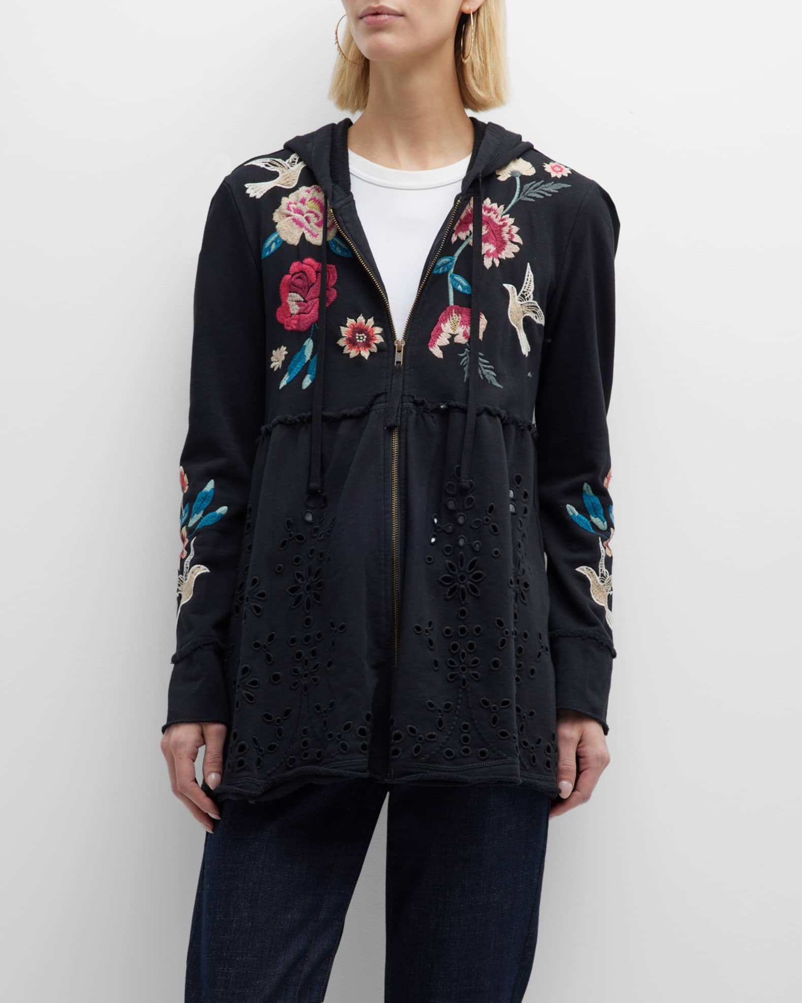 Johnny Was Junia Embroidered Tiered Zip-Front Hoodie | Neiman Marcus
