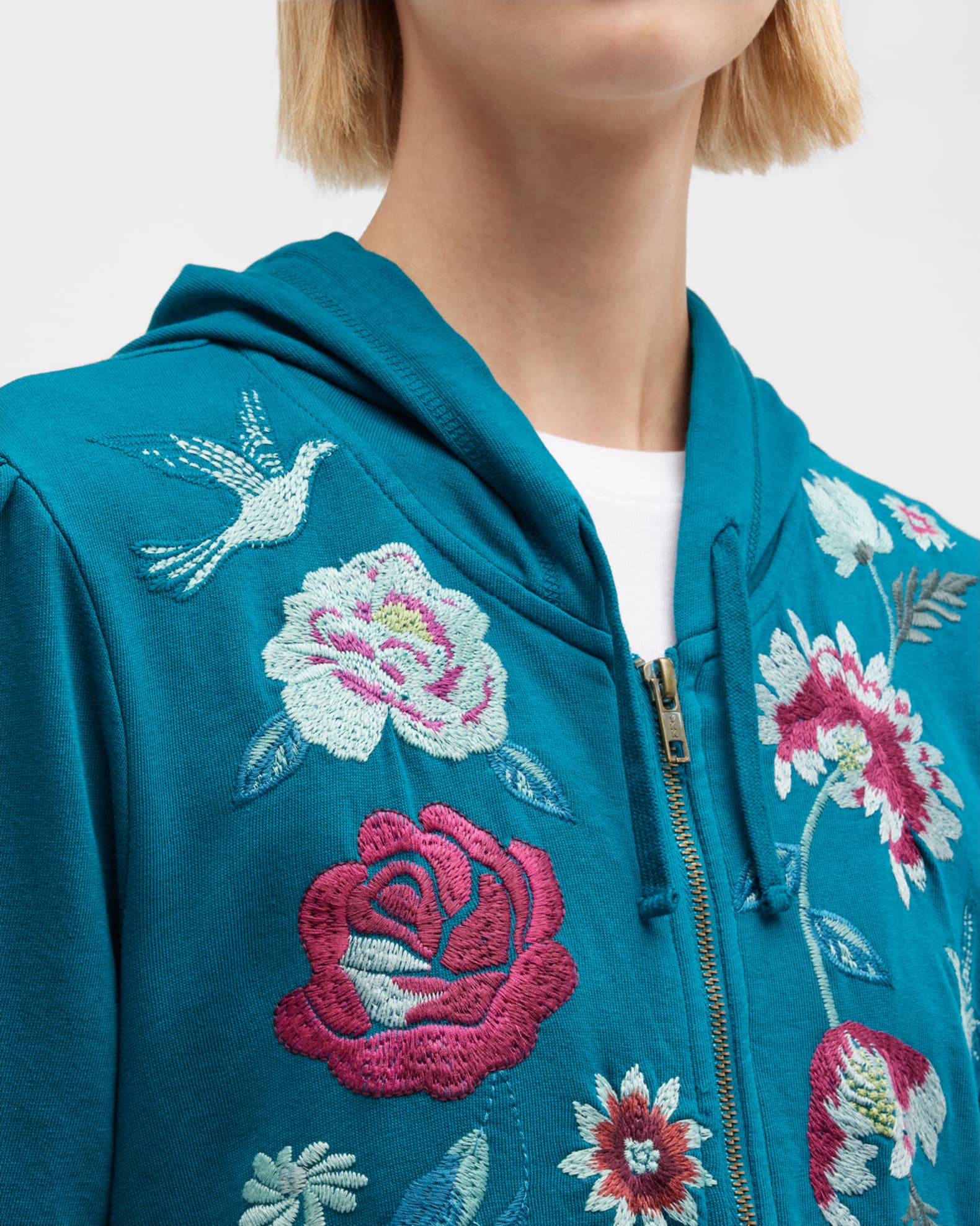 Johnny Was Junia Embroidered Tiered Zip-Front Hoodie | Neiman Marcus