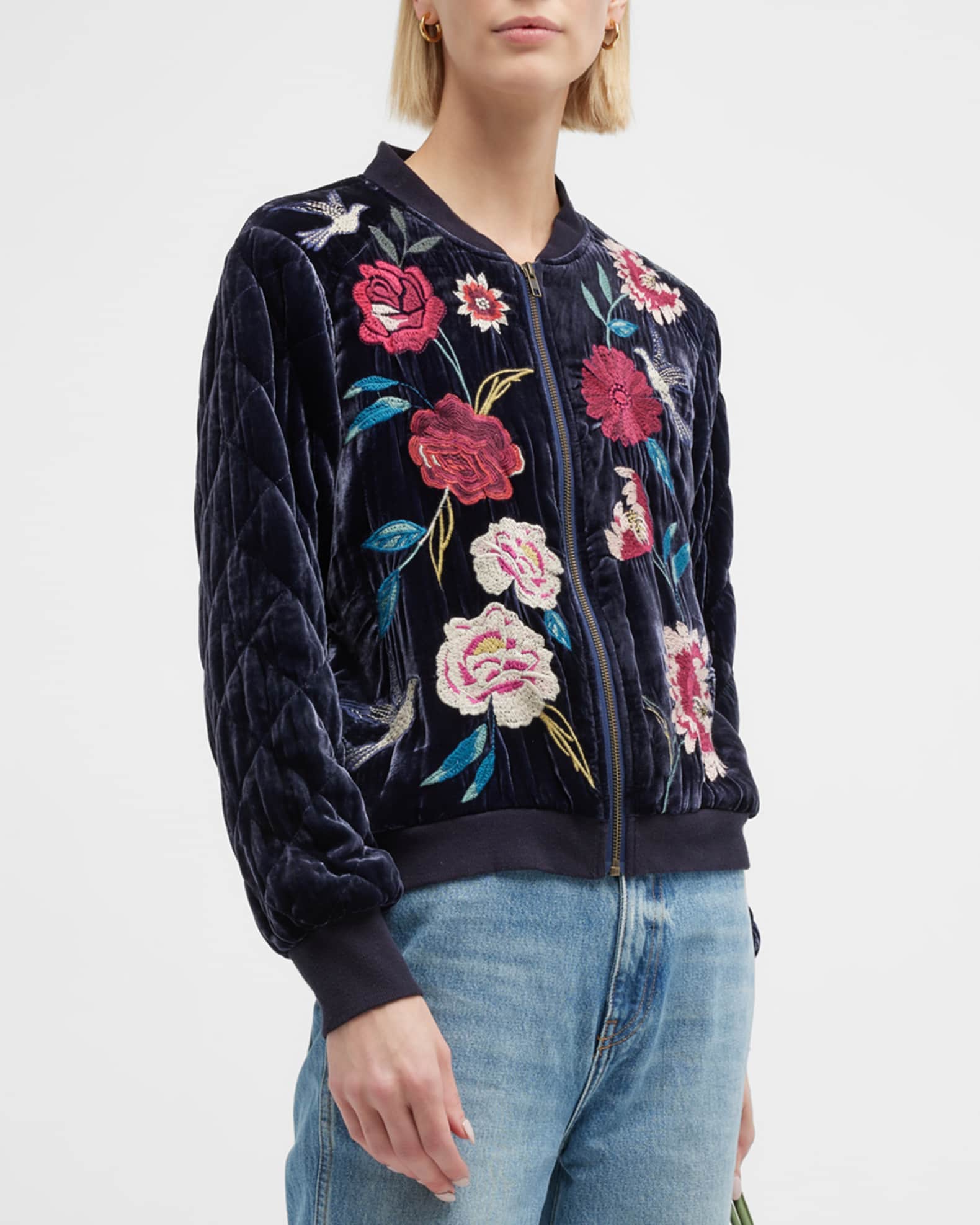 Johnny Was Junia Velvet Floral-Embroidered Bomber Jacket | Neiman Marcus