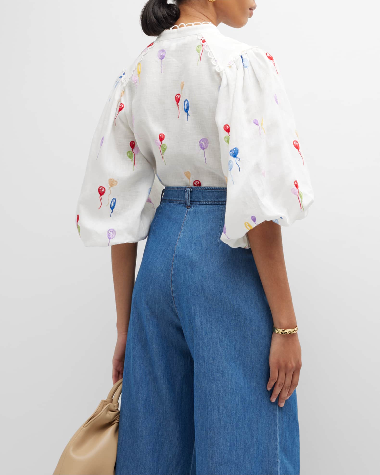 Maison Common Ballon Embroidered Puff-Sleeve Linen Blouse | Neiman Marcus