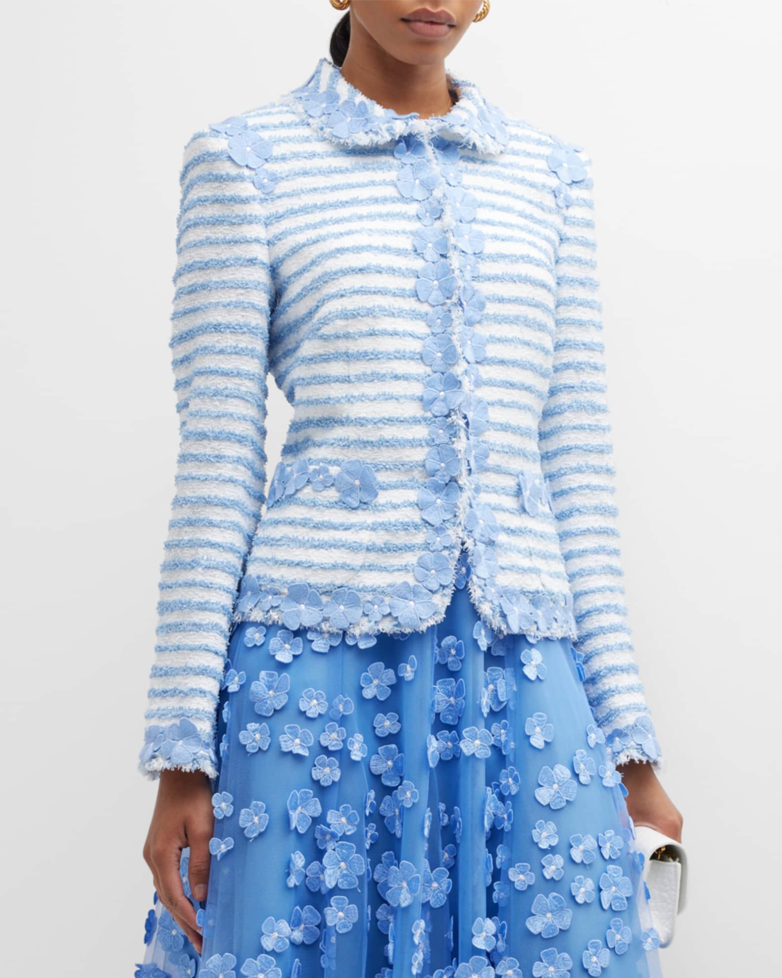 Maison Common Floral Applique Peter-Pan Collar Striped Tweed Jacket ...