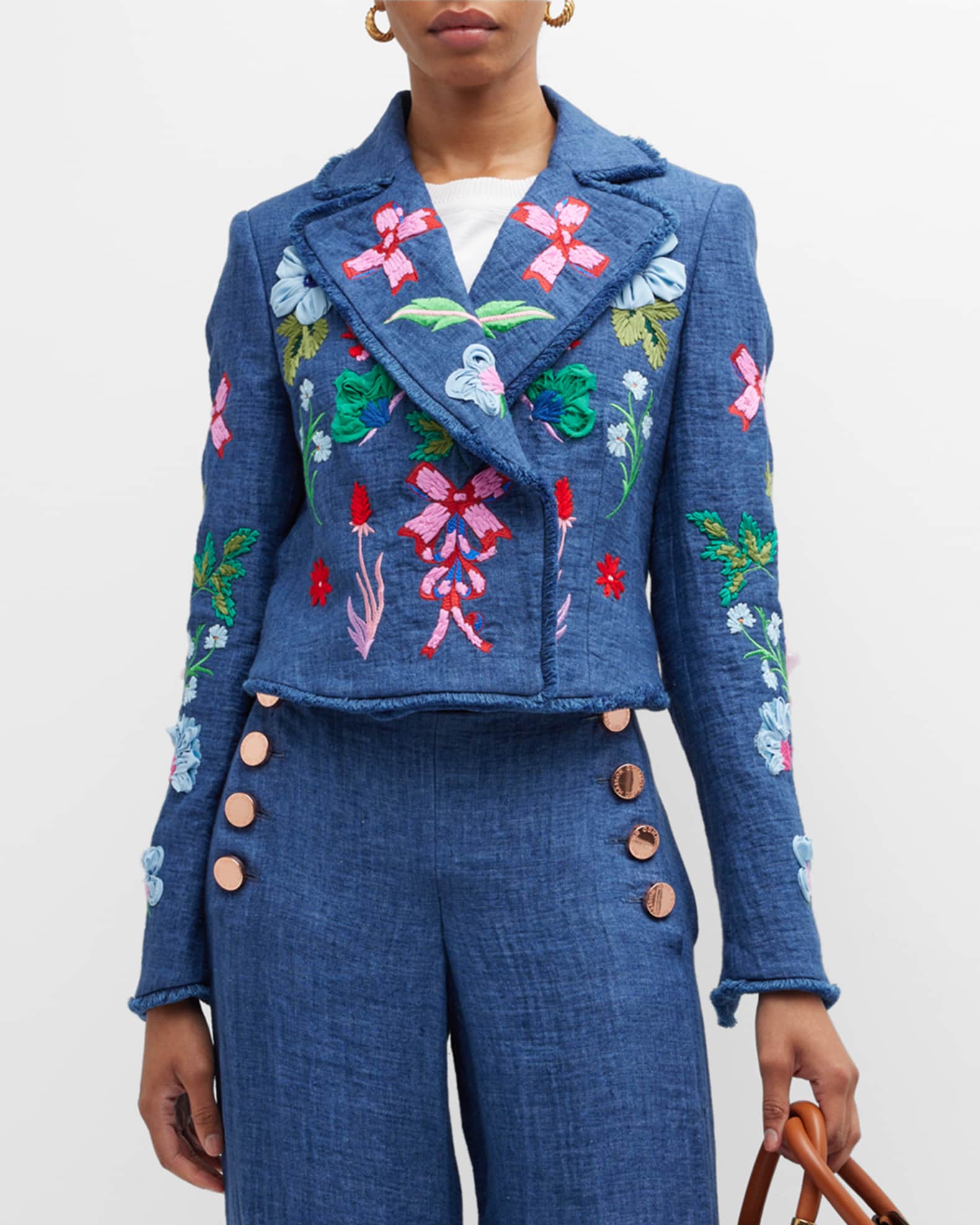 Maison Common Floral Embroidered Linen Crop Jacket w/ Fringe Edges ...
