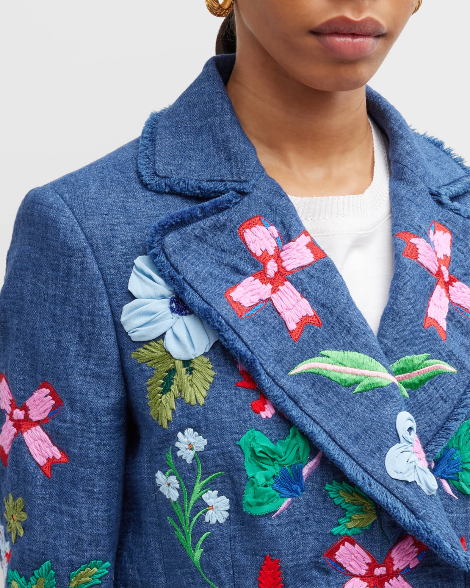 Maison Common Floral Embroidered Linen Crop Jacket w/ Fringe Edges ...