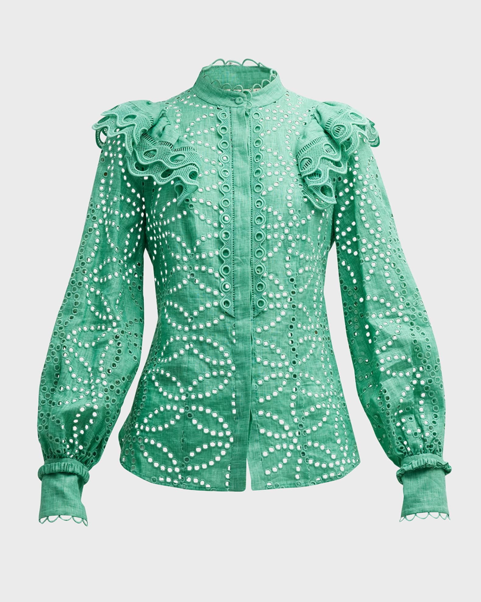 Maison Common Ruffle-Shoulder Linen Eyelet Blouse | Neiman Marcus