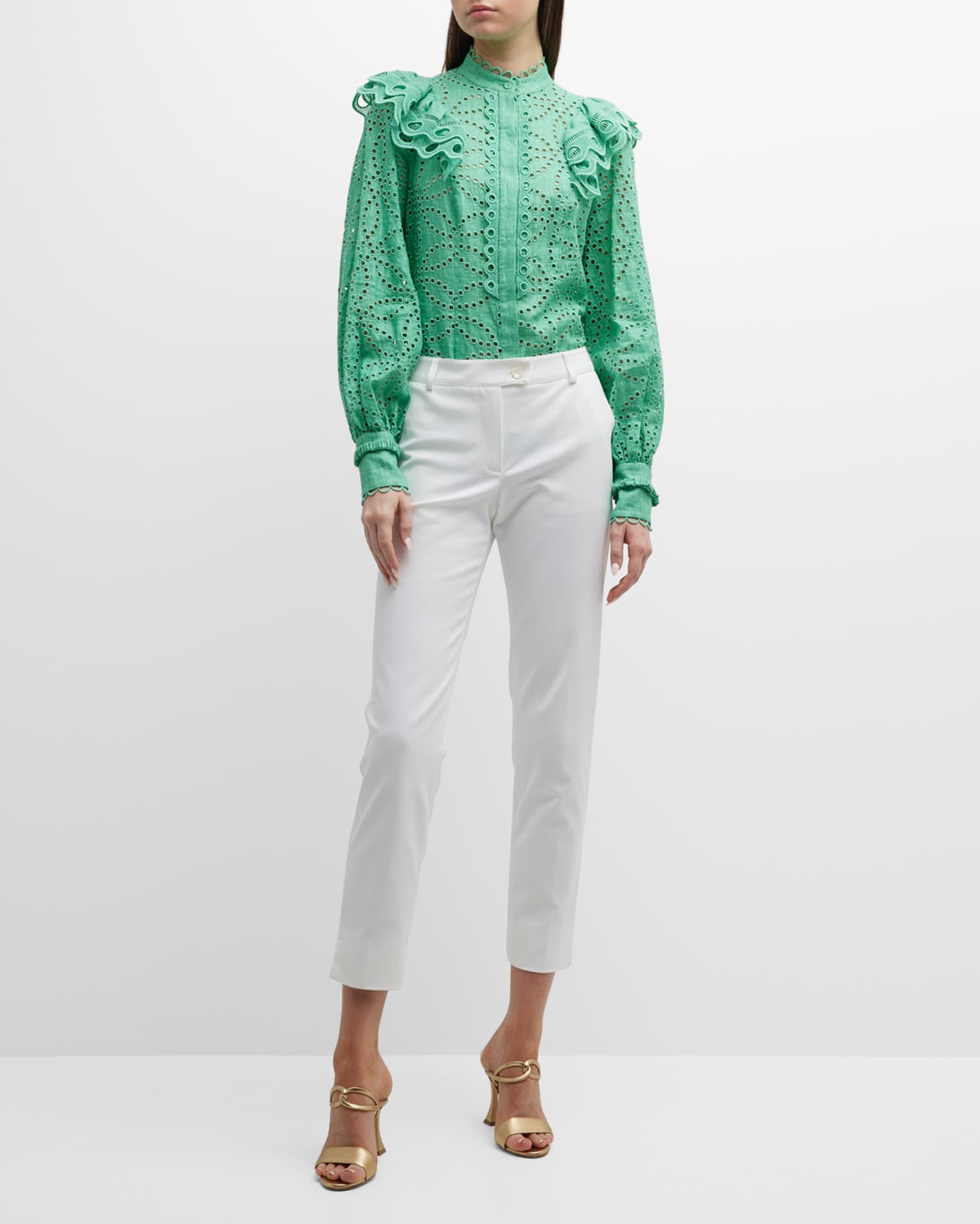 Maison Common Ruffle-Shoulder Linen Eyelet Blouse | Neiman Marcus